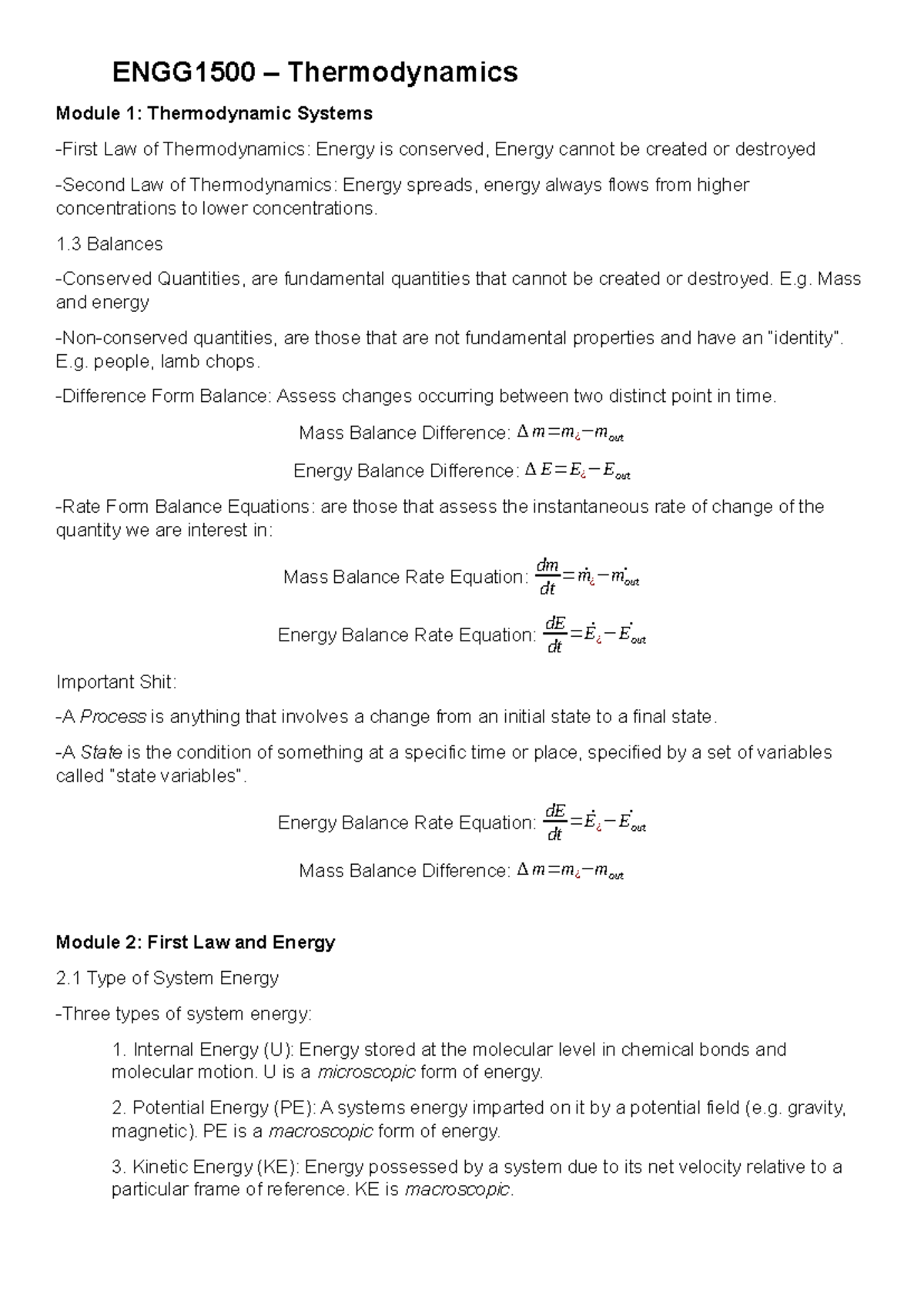 ENGG1500 - Notes - ENGG1500 – Thermodynamics Module 1: Thermodynamic ...