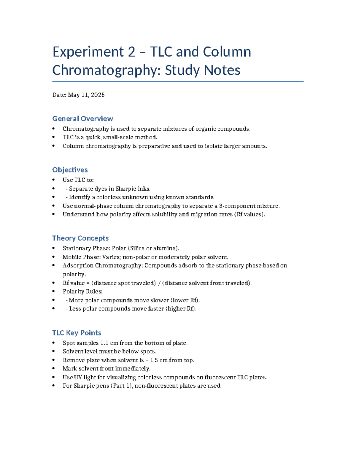Experiment 2 TLC and Chromatography Notes - Experiment 2 – TLC and ...