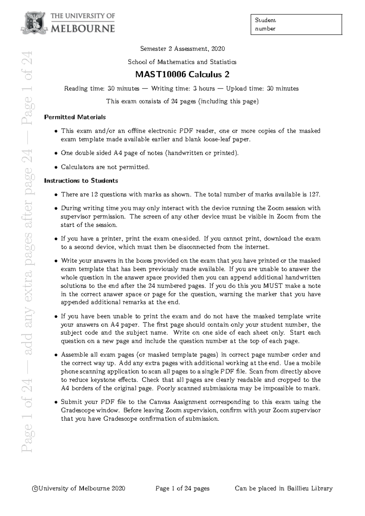 MAST10006 Final Exam Answers for 2020 Semester 2 Examination - Studocu