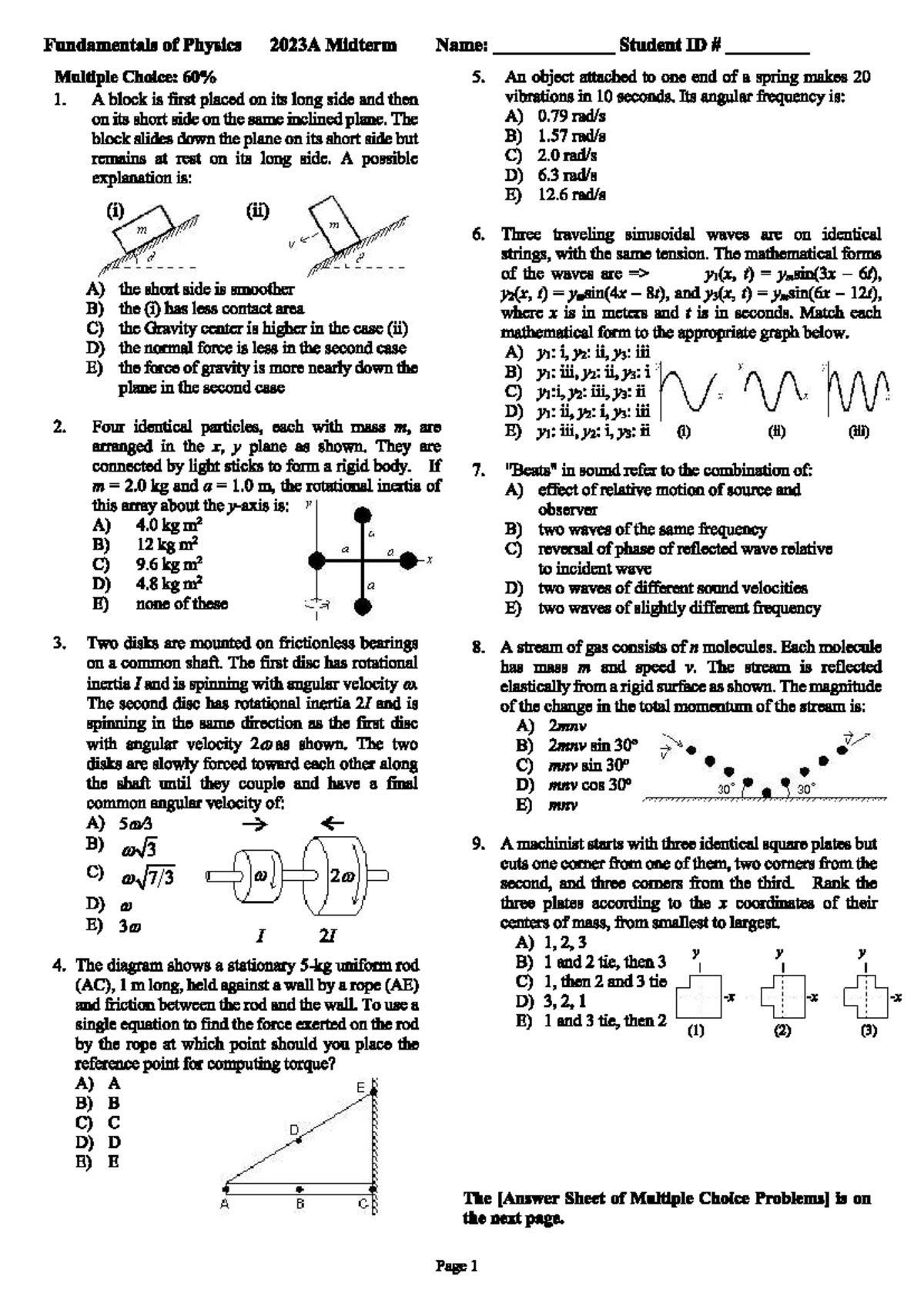Fundamentals of Physics 2023A Midterm Multiple Choice Questions - Studocu