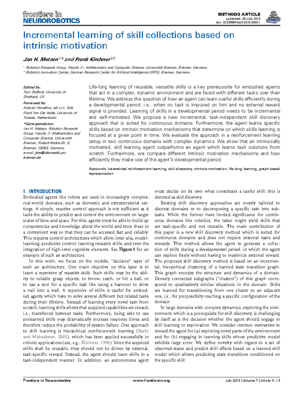 Incremental Skill Learning in Continuous Domains (NEUROROBOTICS ...