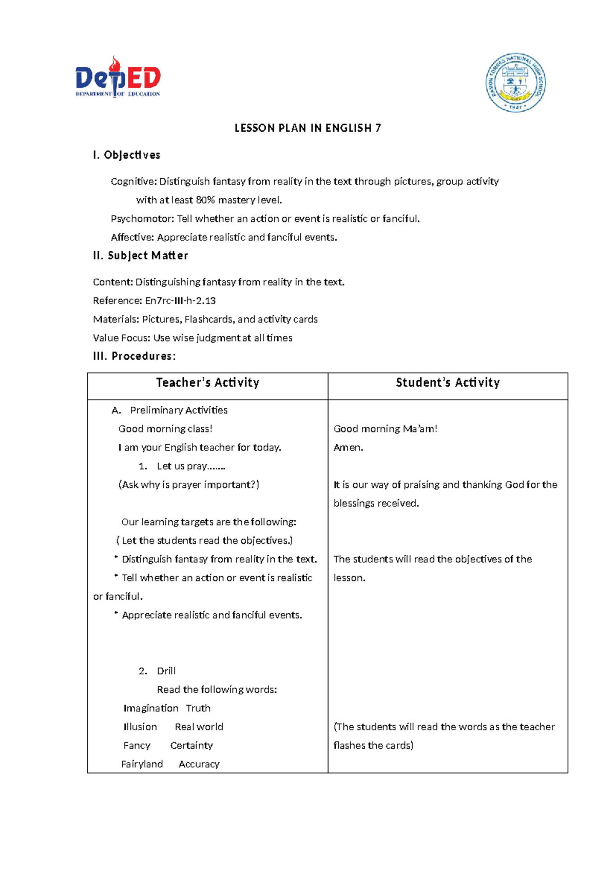 English 7-LP - Lesson Plan on Distinguishing Fantasy vs. Reality - Studocu