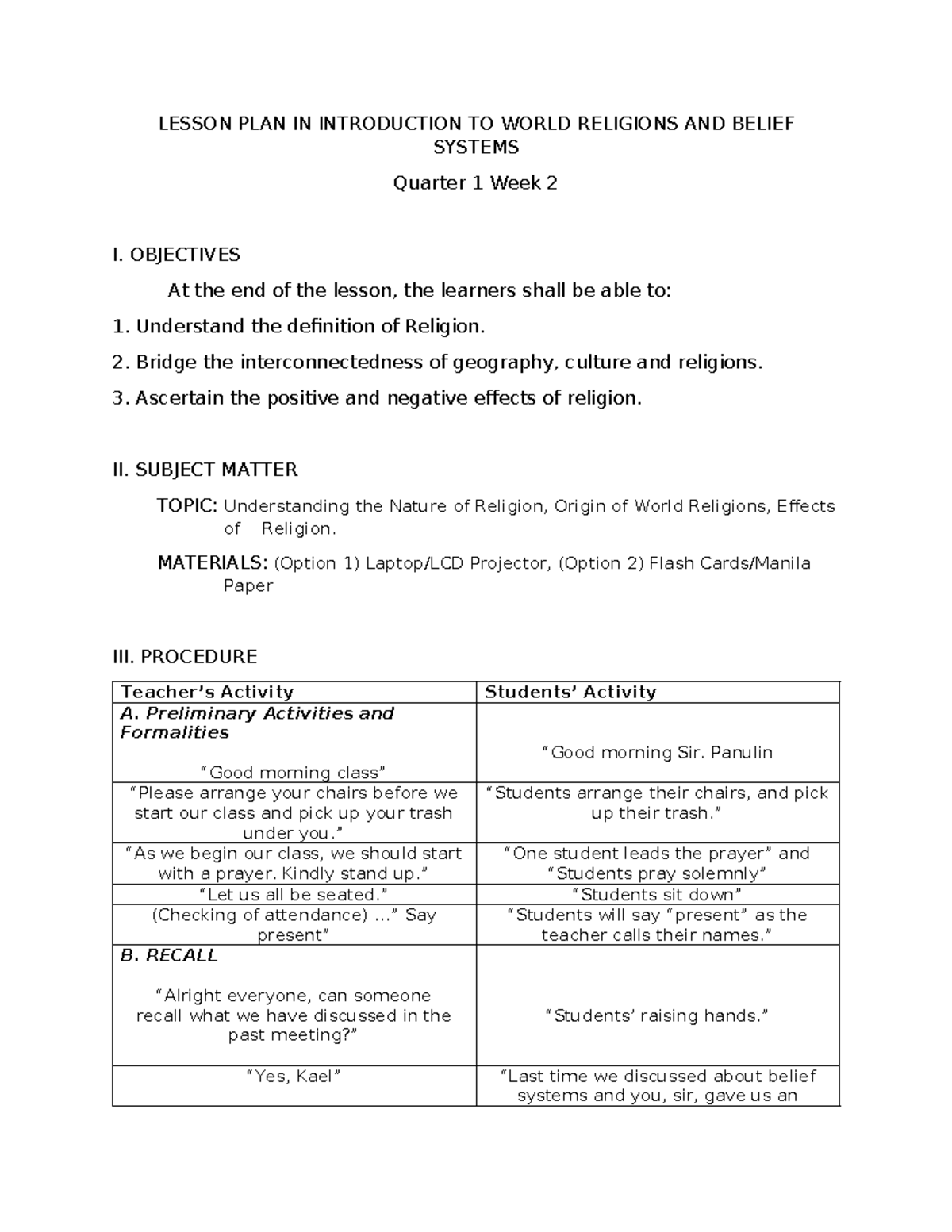 Lesson Plan: Intro to World Religions & Belief Systems (Q1 W2) - Studocu