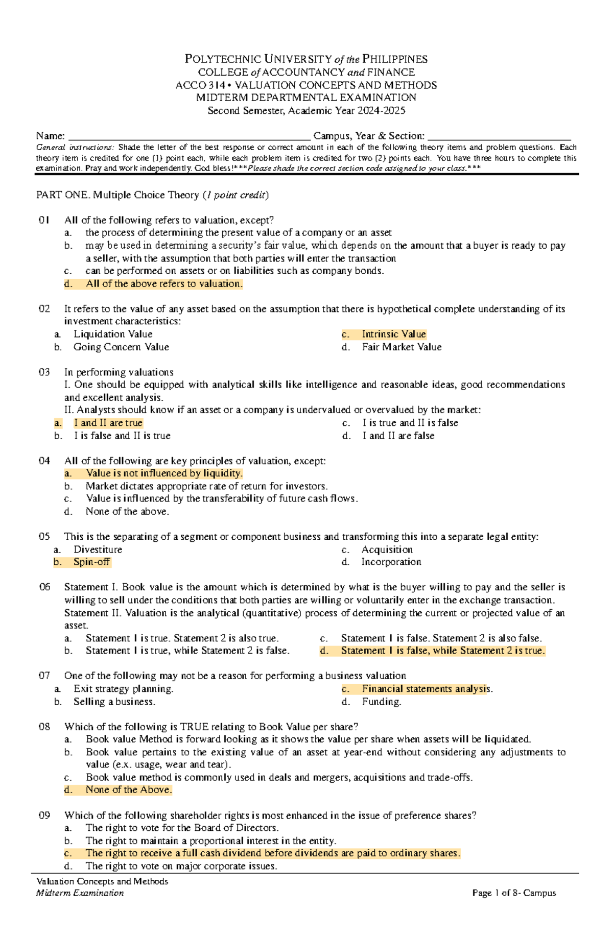 ACCO 314 Valuation Concepts and Methods Midterm Exam Guide - Studocu
