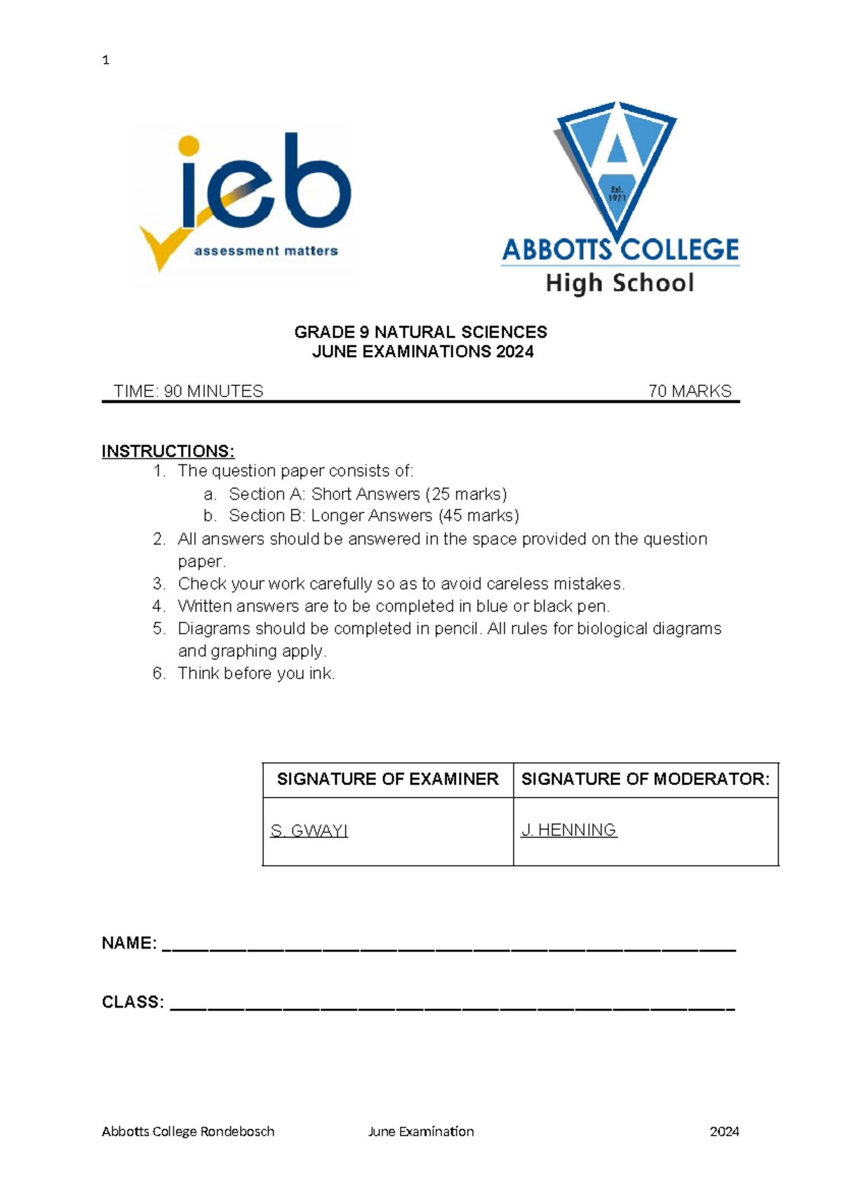 Grade 9 Natural Sciences June Exam 2024 - Question Paper - Studocu