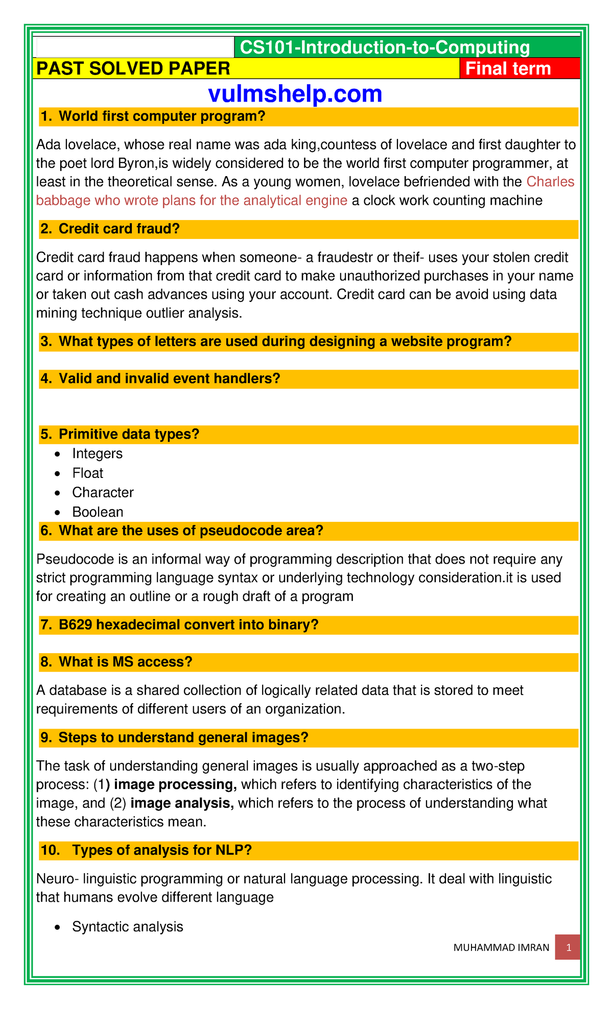 CS101 Introduction to Computing Final Term Past Solved Paper - Studocu