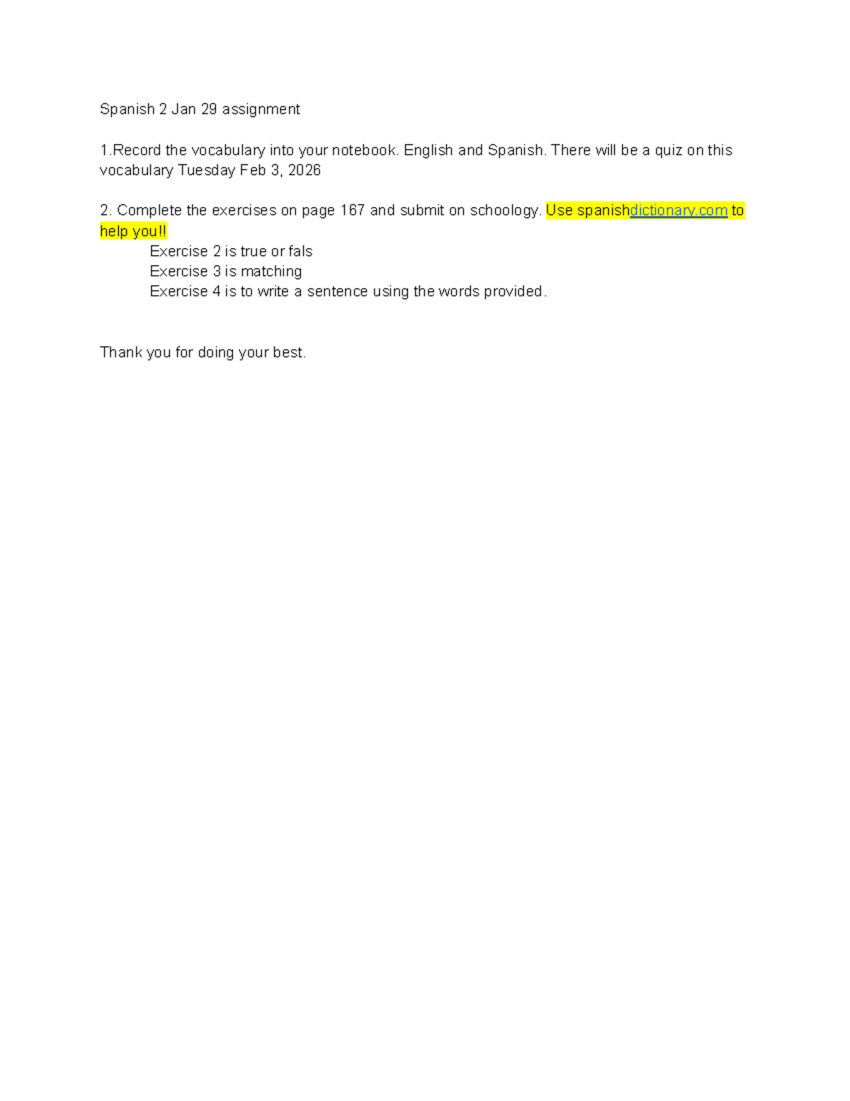 Spanish 2 Jan 29 Assignment 1: Vocabulary & Exercises for Quiz - Studocu