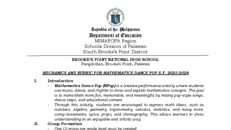 Mechanics and Rubric for Mathematics Dance Pop (MPop) S.Y. 2025 - Studocu