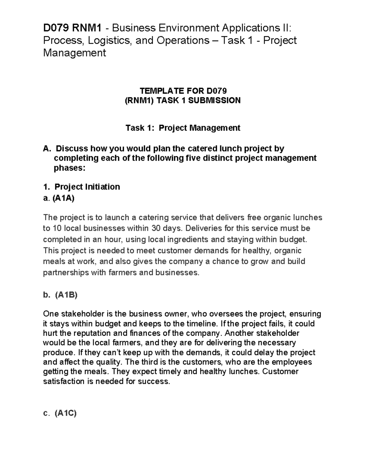 D079 RNM1 Task 1: Project Management for Catering Service Launch - Studocu