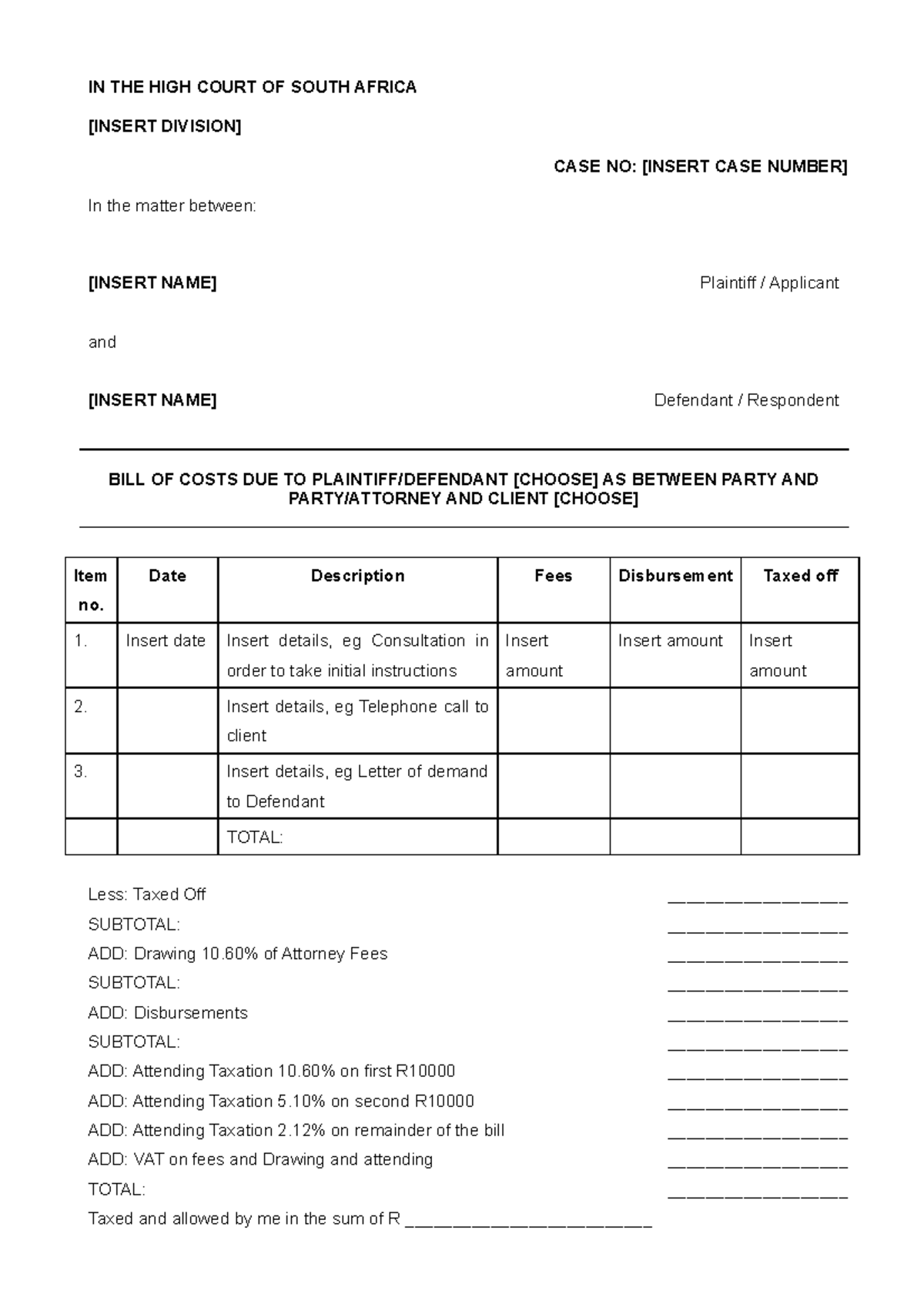 High Court Bill of Costs Template for Legal Proceedings - Studocu
