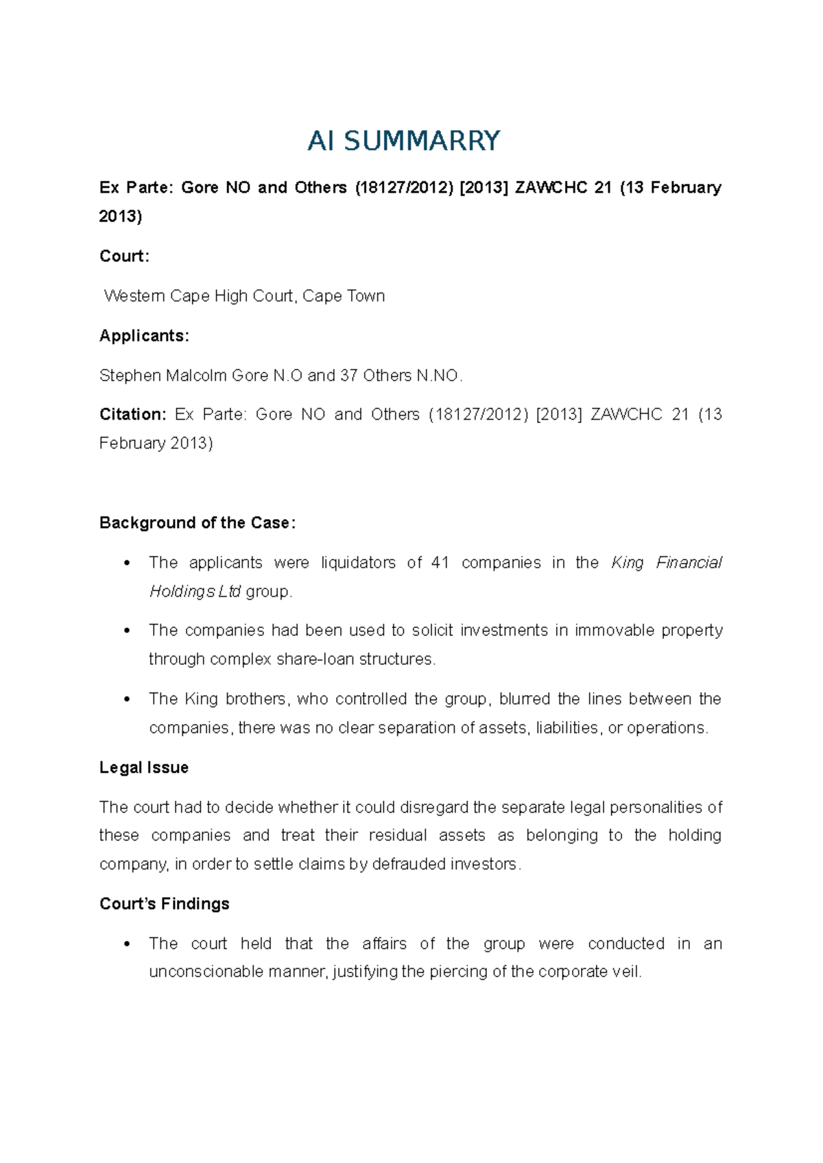 Ex Parte Gore NO Case Summary: ZAWCHC 21 (2013) Analysis - Studocu