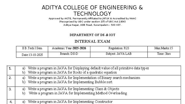 JAVA LAB Internal Question Paper (1) - ADITYA COLLEGE OF ENGINEERING ...