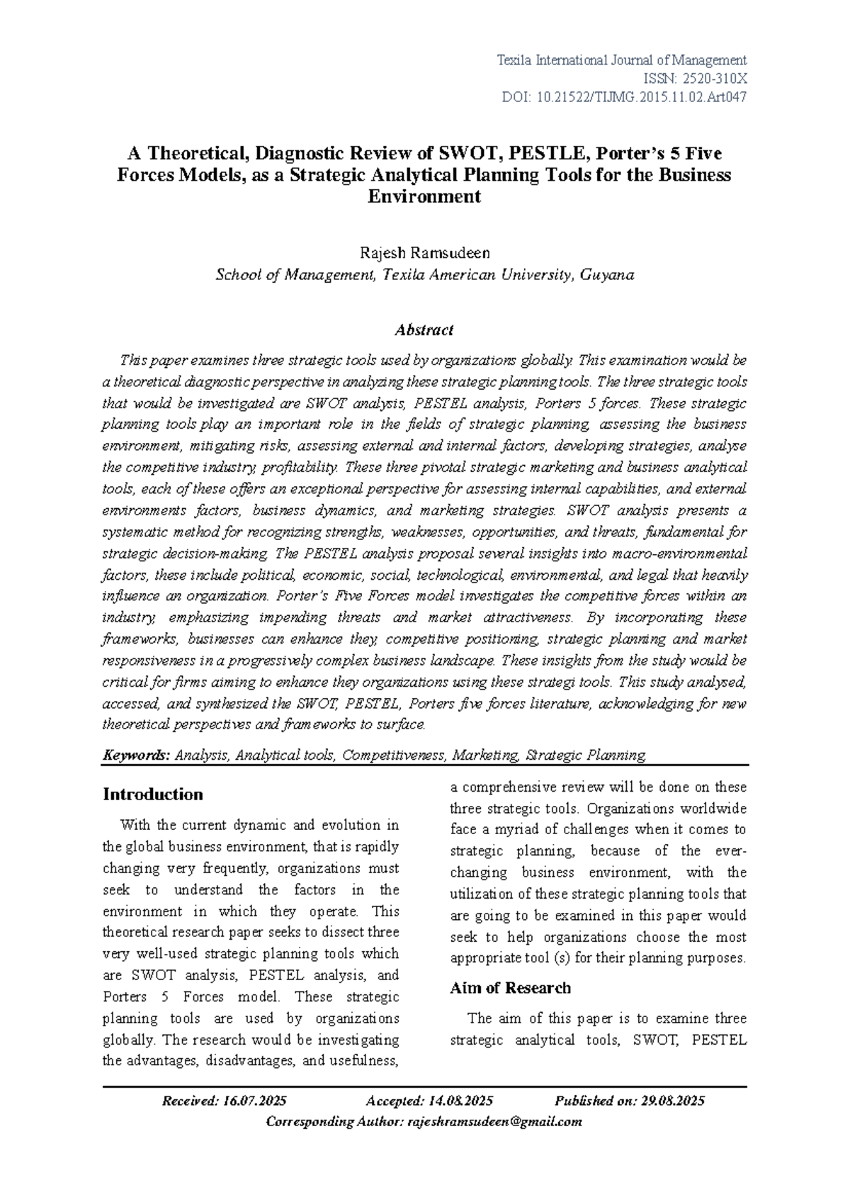 A Theoretical Review of SWOT, PESTLE, and Porter's 5 Forces Models ...