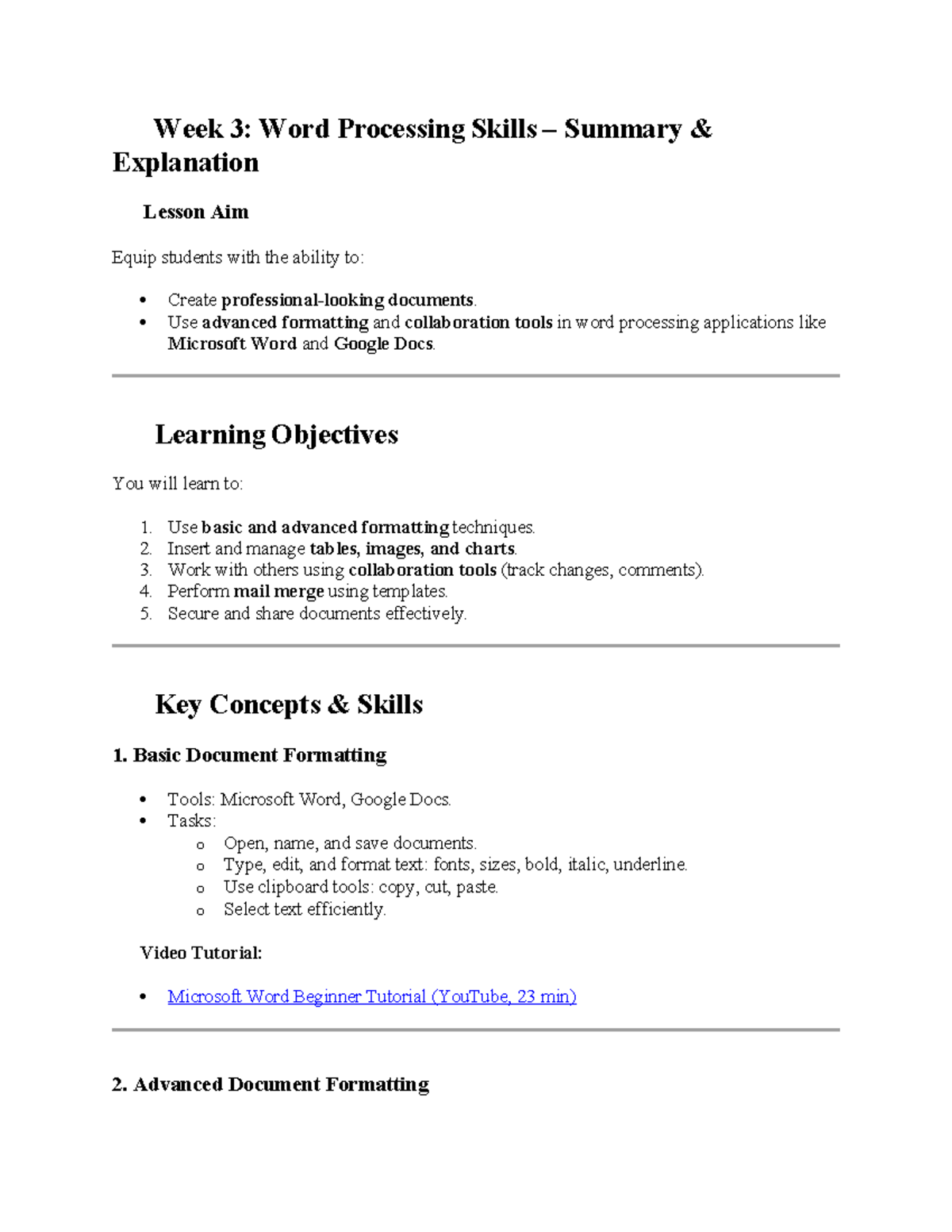 WK3: Word Processing Skills Summary & Advanced Formatting Techniques ...