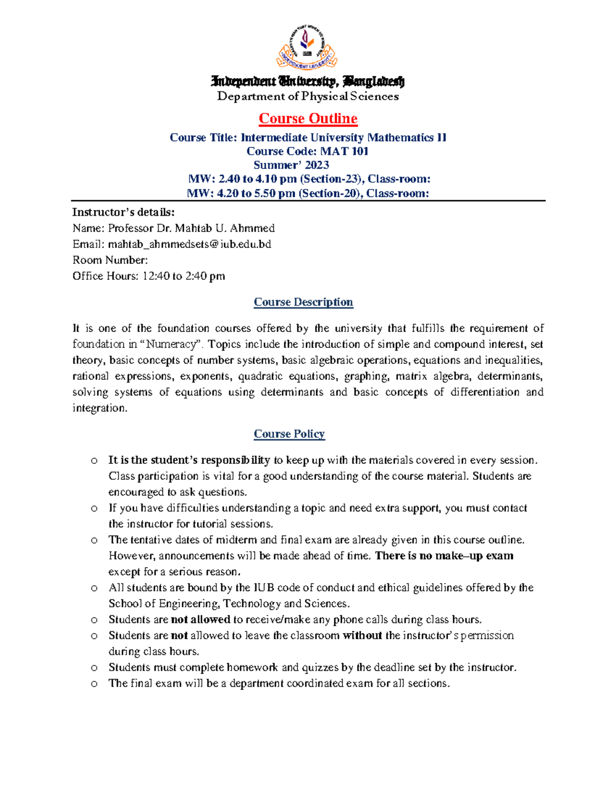 Course Outline MAT101 Intermediate Math II Autumn 2023 - Studocu