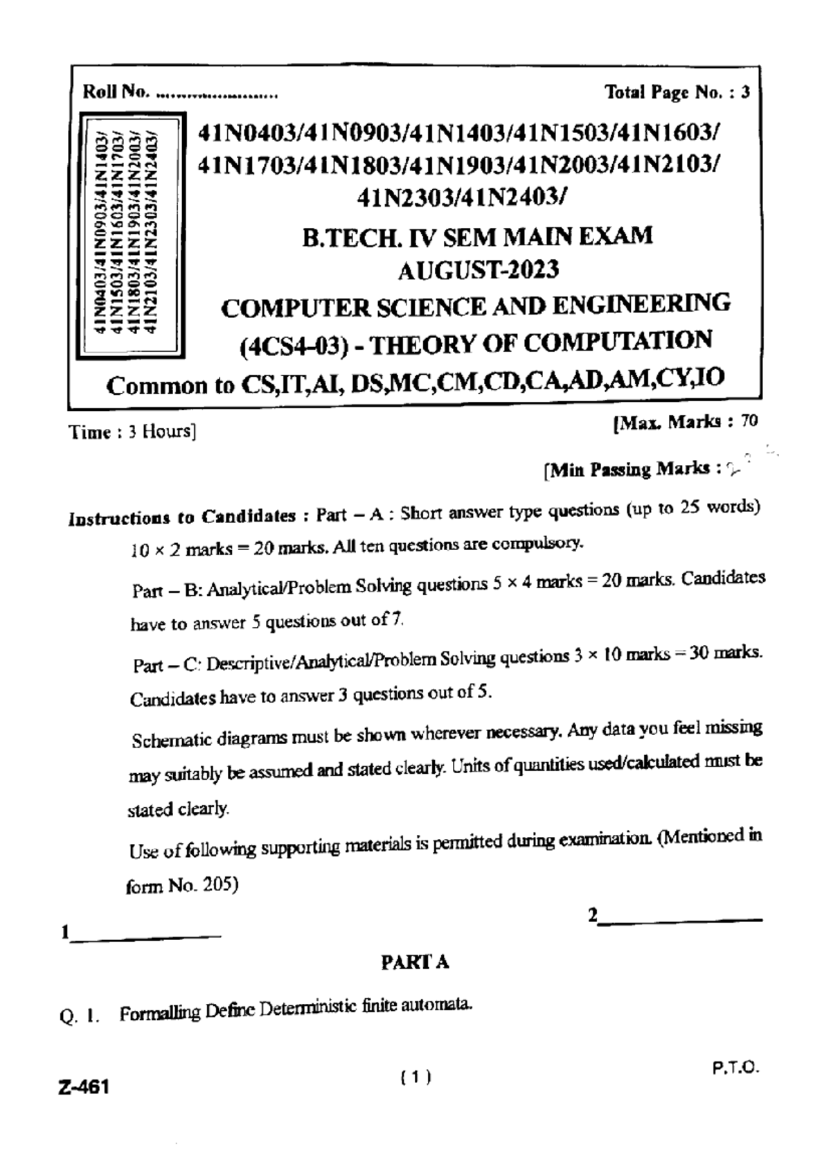 B.TECH IV SEM Theory of Computation Exam Notes (41N0403) - Studocu