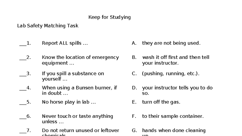 Lab Safety Matching Task Report for Course Code: LAB101 - Studocu