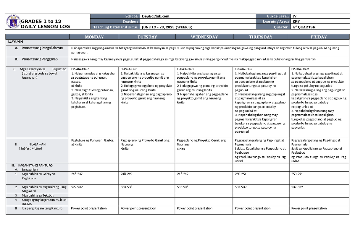 EPP 4th Quarter Lesson Plan: Daily Log for Grades 1-12 - Studocu