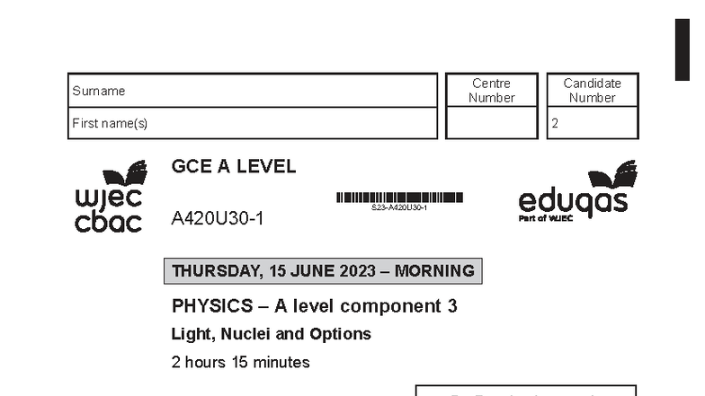 GCE A Level Physics A420U3 01 Exam Paper - June 2023 - Studocu
