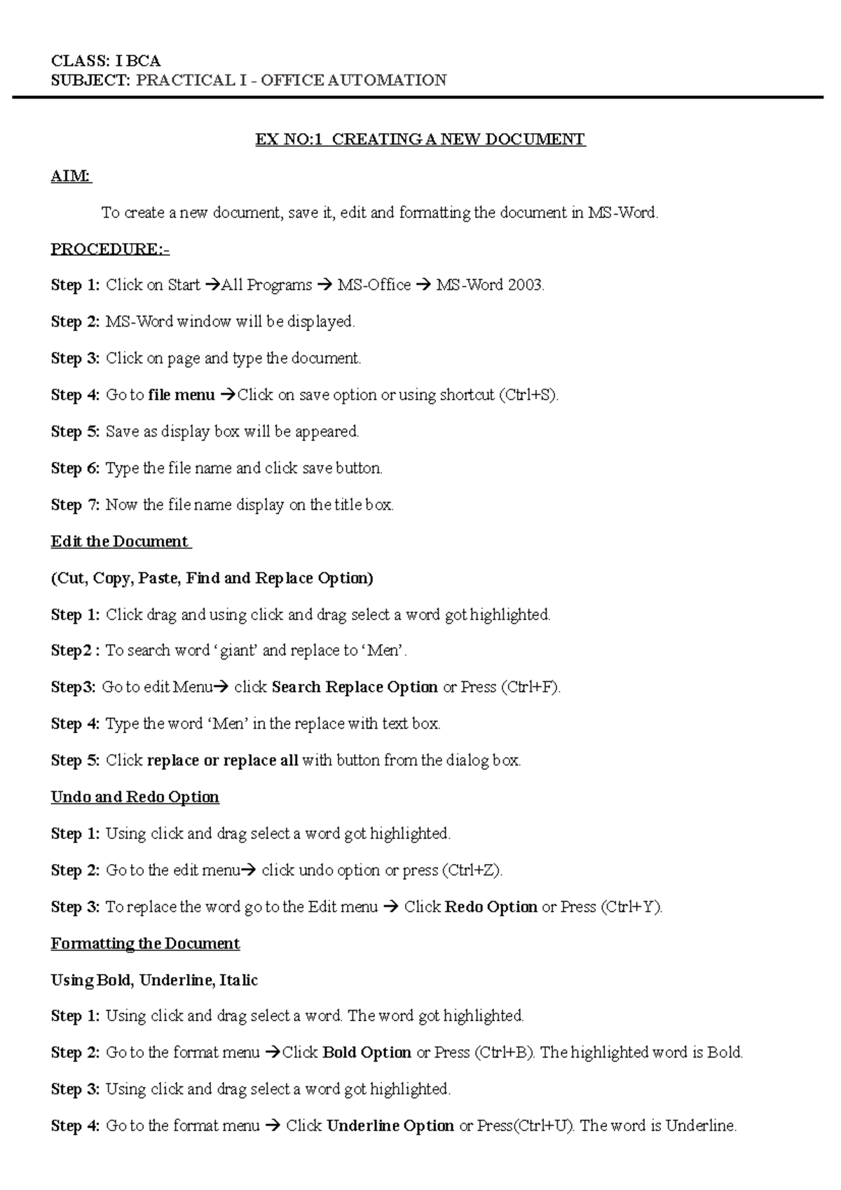 I BCA - 19UCAP01- Office Automation - CLASS: I BCA SUBJECT: PRACTICAL I ...