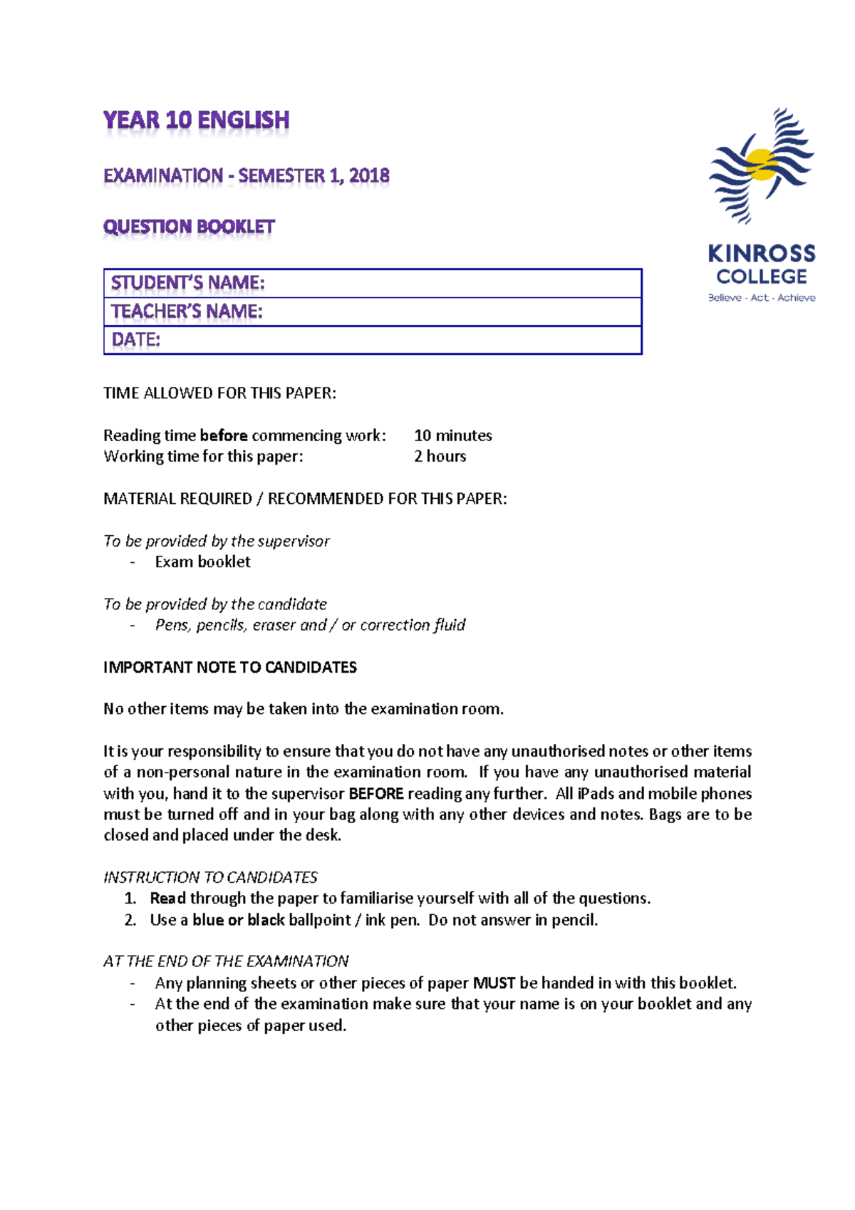 English Year 10 Test 2: Exam Instructions and Reading Comprehension ...