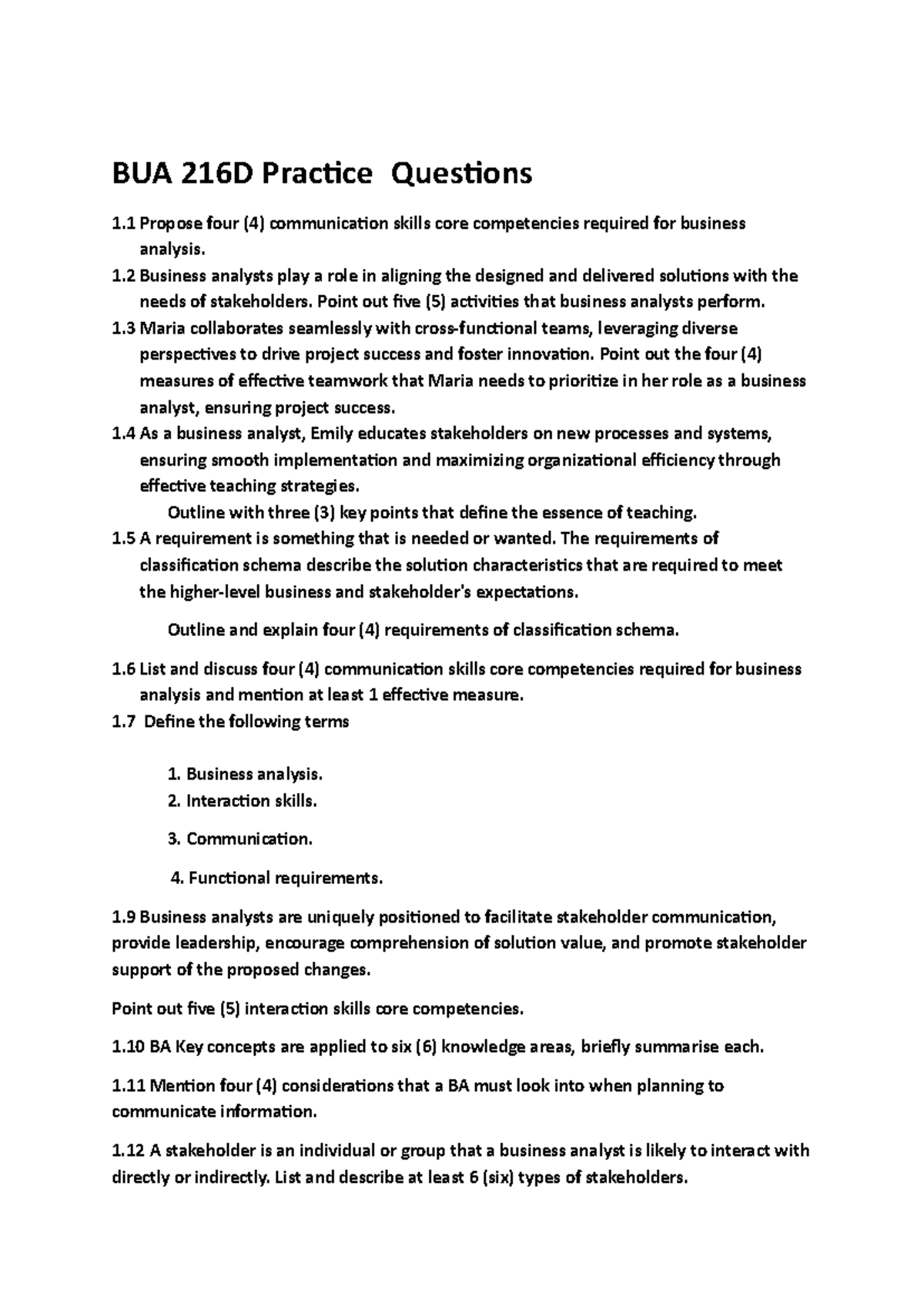 BUA 216D Business Analysis Practice Questions and Core Competencies ...