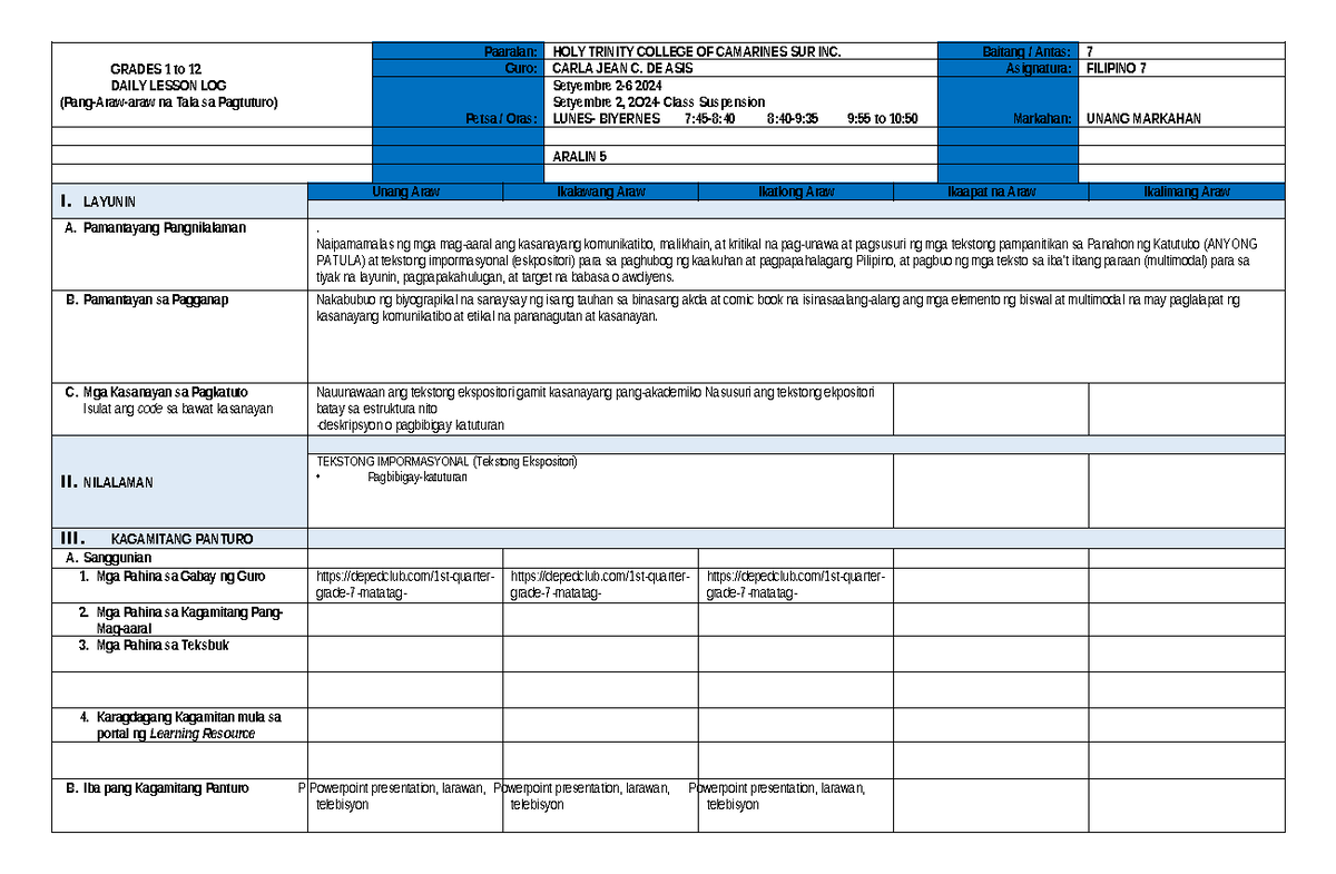 DLL Filipino 7 W5 - DLL IN FIL - GRADES 1 to 12 DAILY LESSON LOG (Pang ...