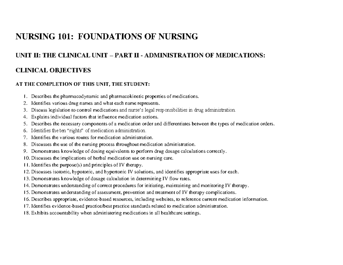 NURSING 101: UNIT II - MEDICATION ADMINISTRATION & IV THERAPY GUIDE ...