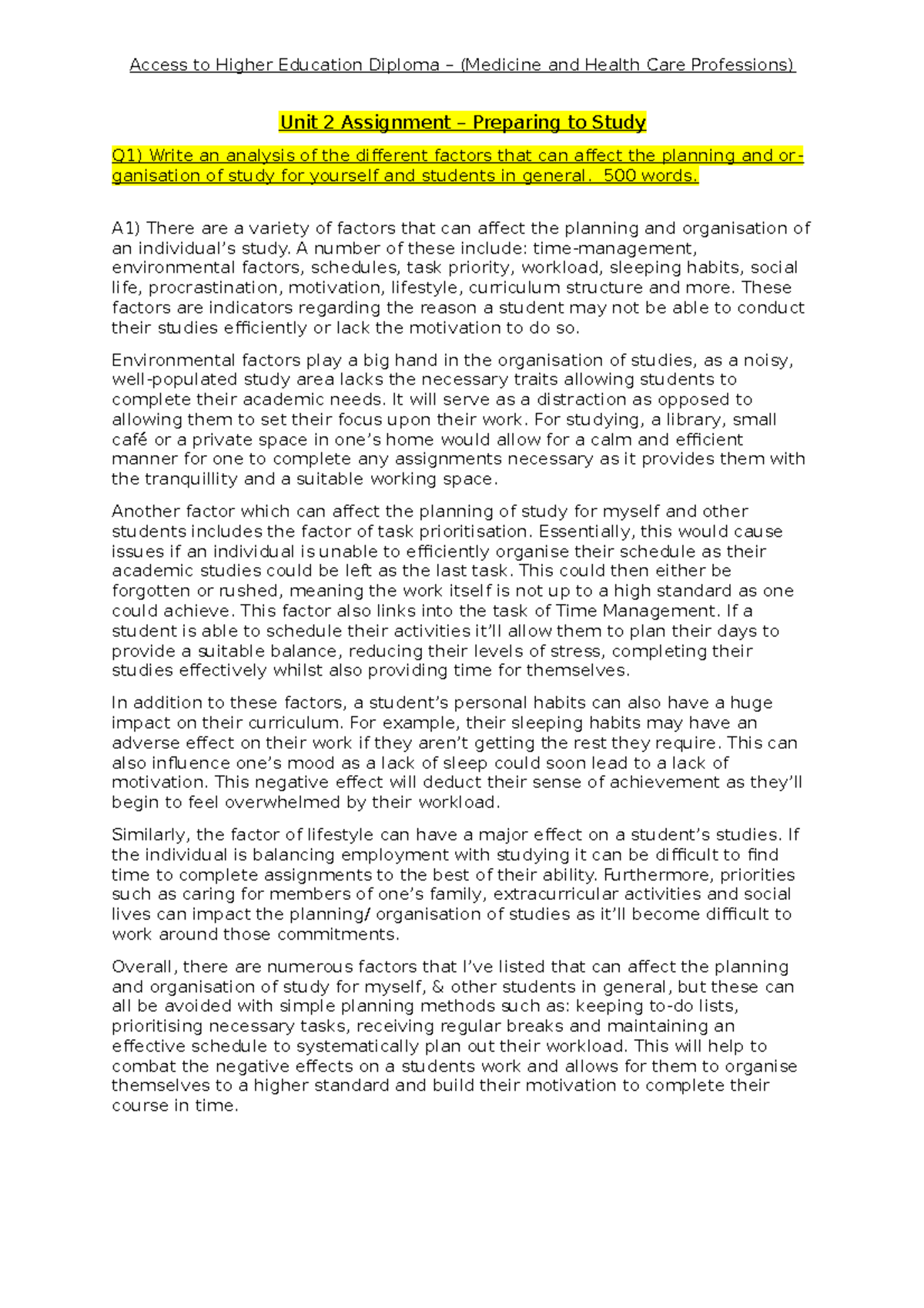 Unit 2 - Assignment - Access to HE - Medicine and Healthcare ...