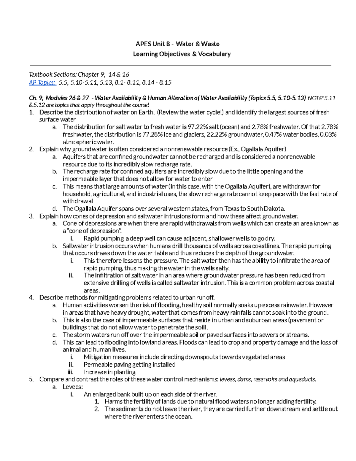 U8 APES Learning Objectives: Understanding Water & Waste Management ...