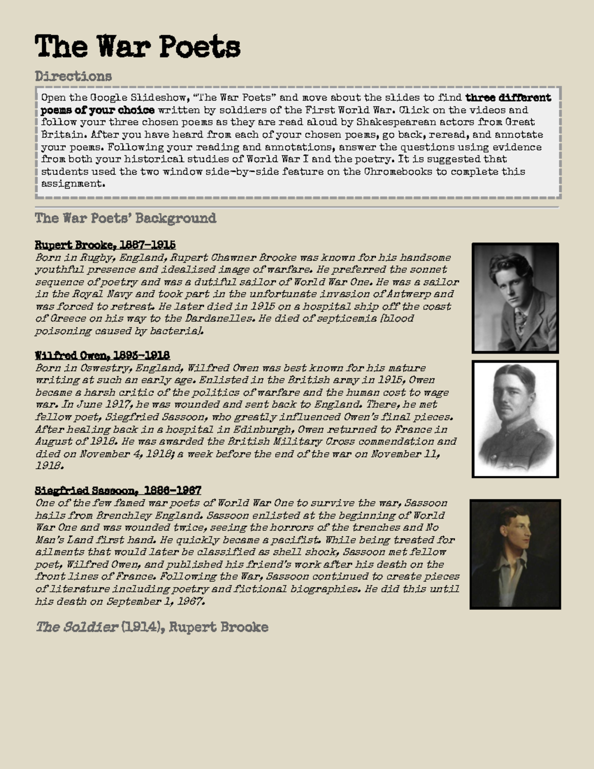 The War Poets: Analyzing WWI Poetry by Brooke, Owen, and Sassoon - Studocu