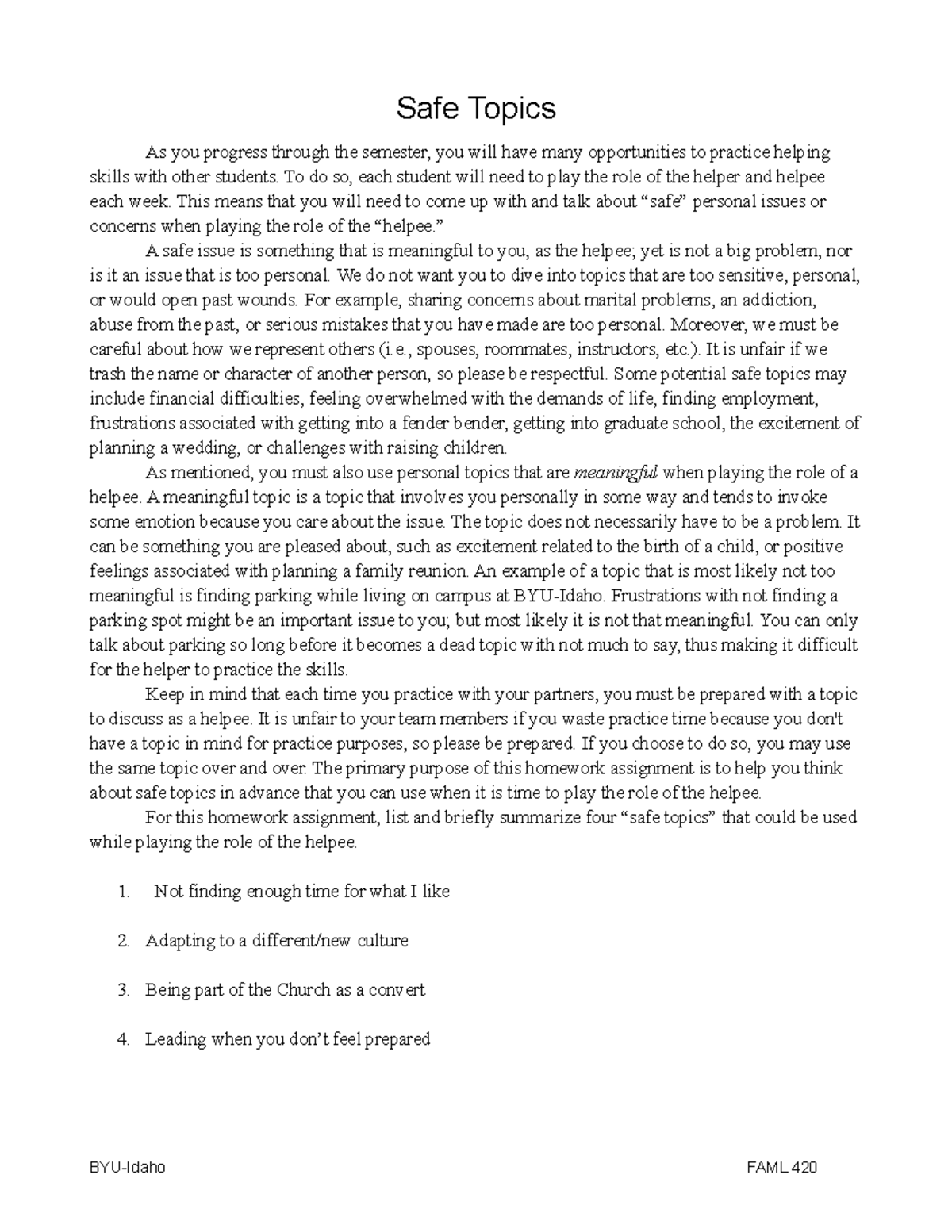 Faml420 document w01Worksheet Safe Topics - Safe Topics As you progress ...