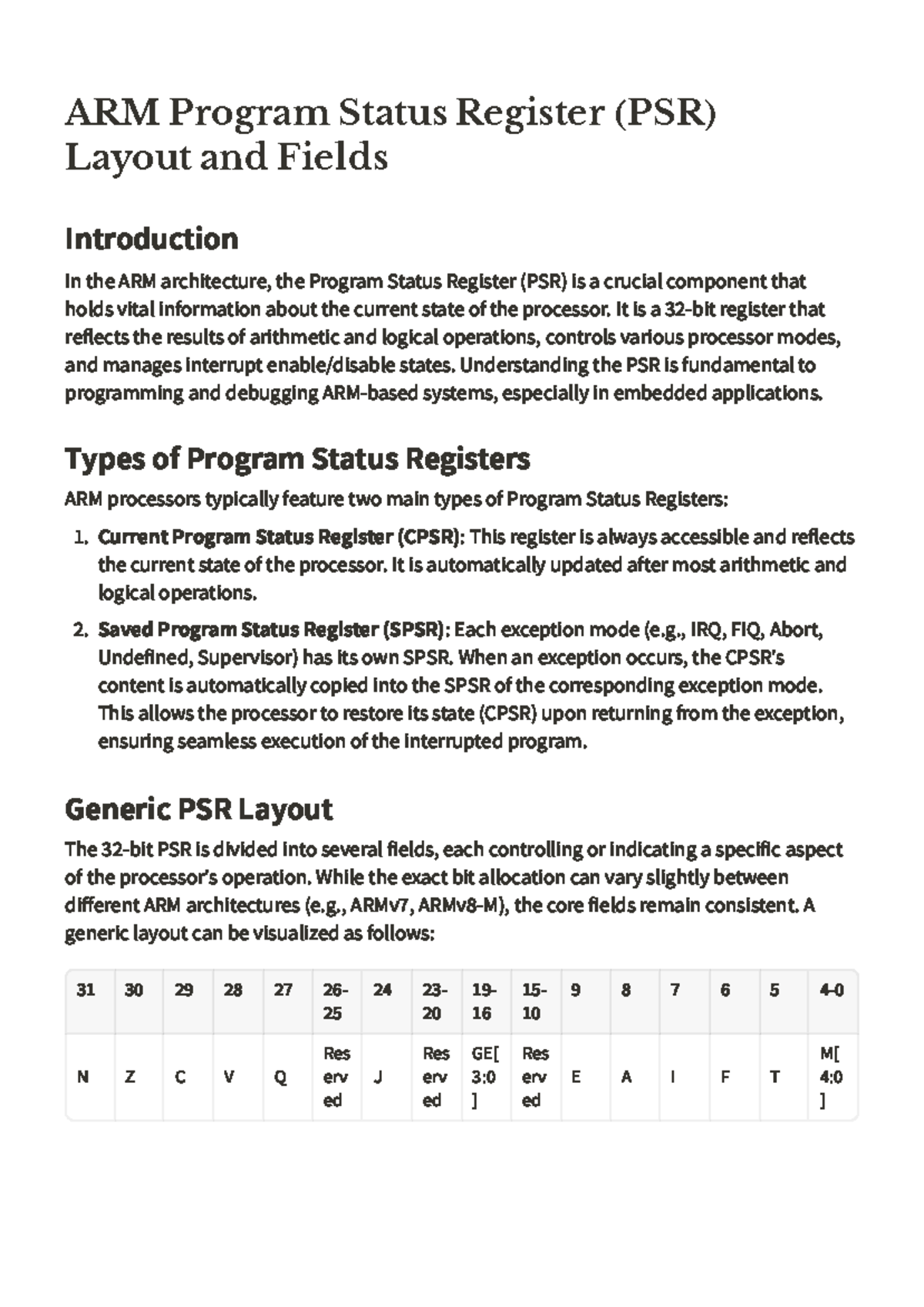 ARM PSR Layout & Fields Overview for Embedded Systems - Studocu