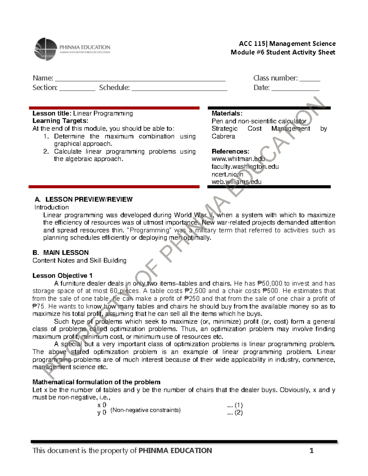 SAS#6-ACC115: Linear Programming in Strategic Cost Management - Studocu