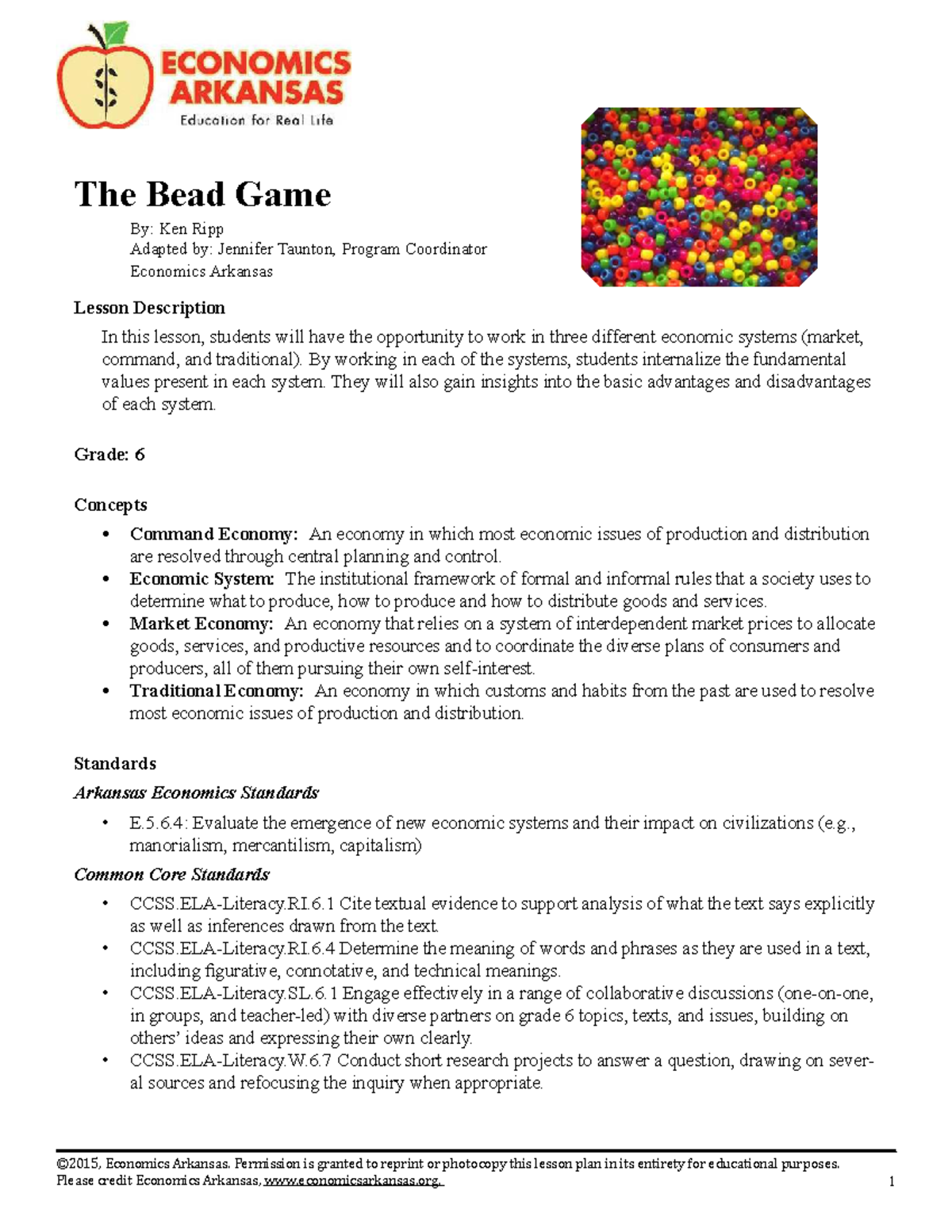 The Bead Game: Exploring Economic Systems in Grade 6 (Econ 101) - Studocu