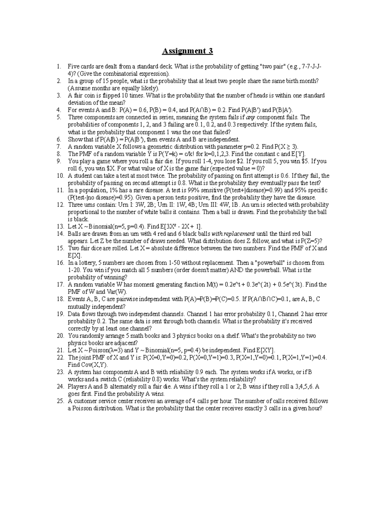 Assignment 3: Probability and Statistics Problems - Studocu