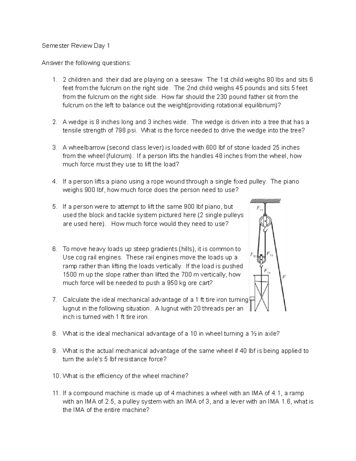 Simple Machines Review: Semester Exam Questions and Solutions - Studocu