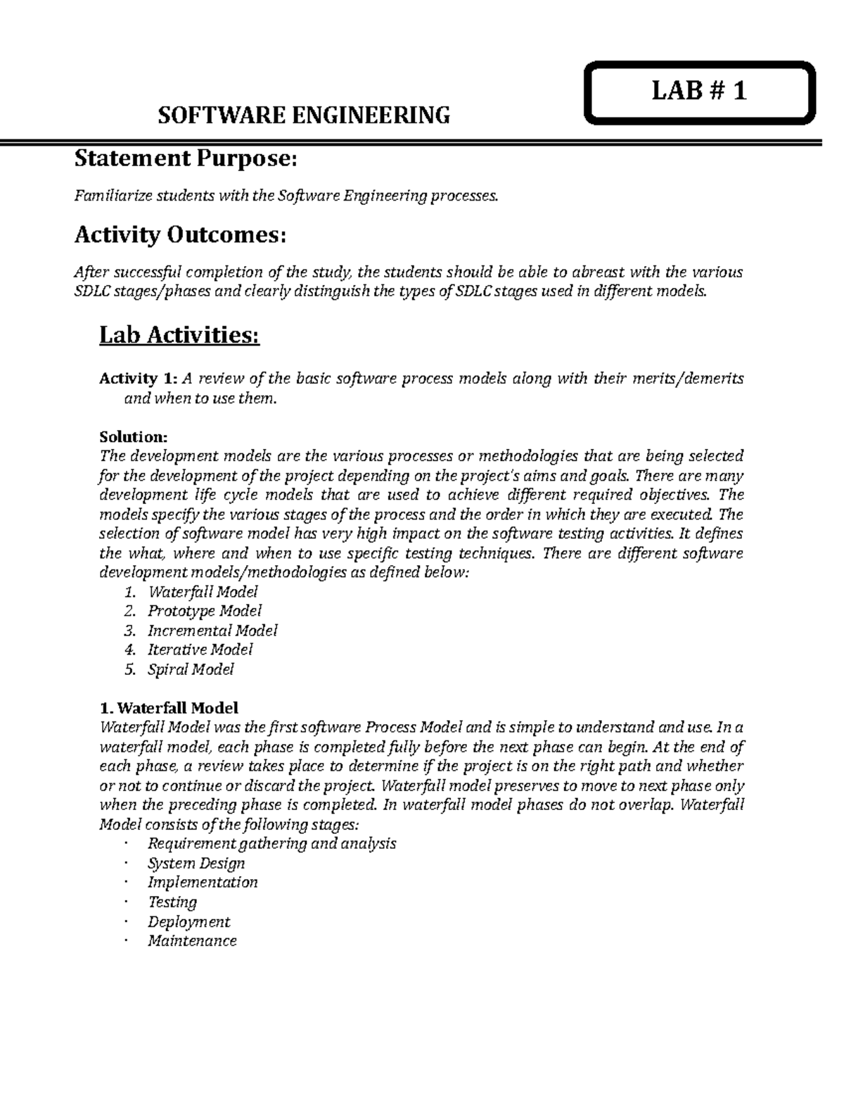 ITSE Lab 1 - SOFTWARE ENGINEERING LAB # 1 Statement Purpose ...