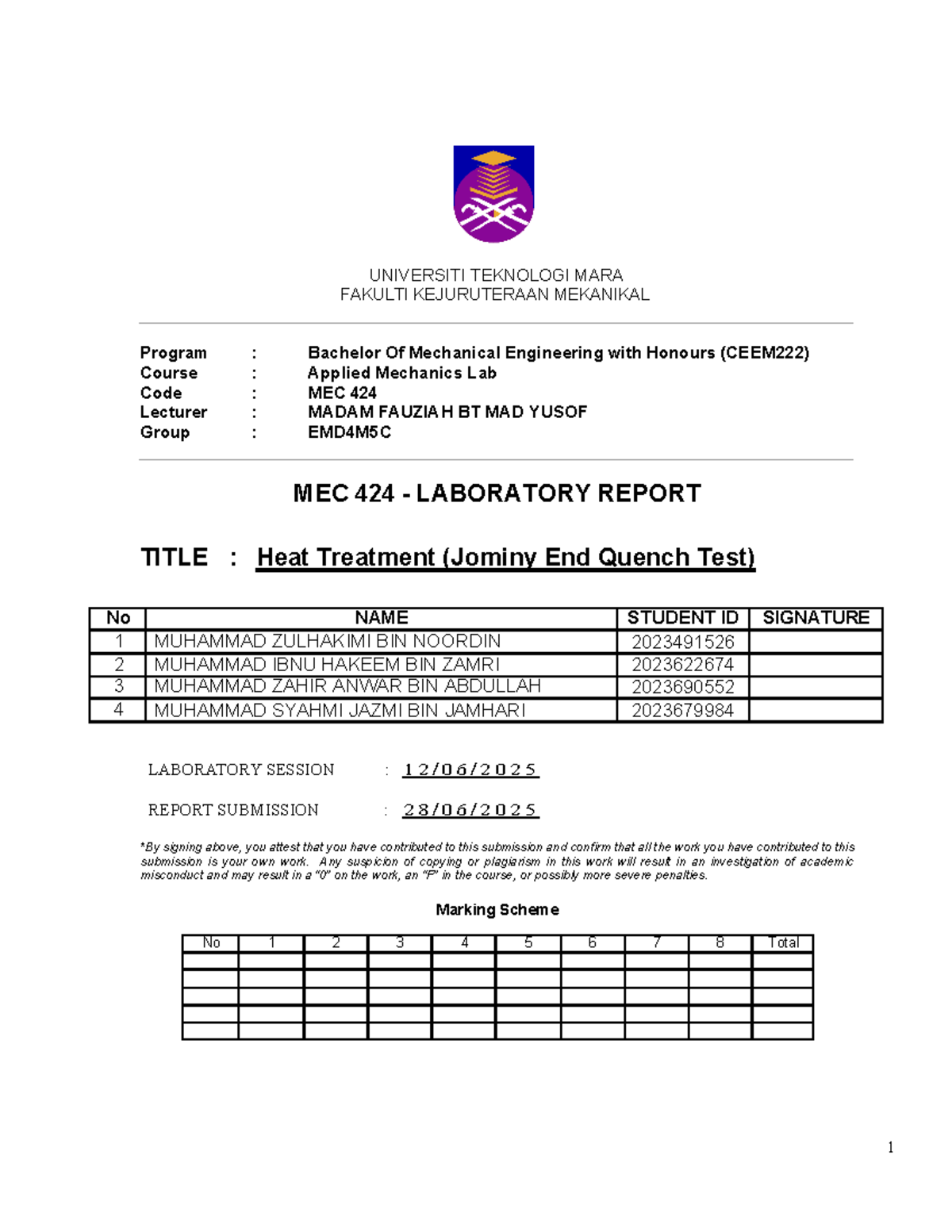 MEC 424 Laboratory Report: Heat Treatment via Jominy End Quench Test ...