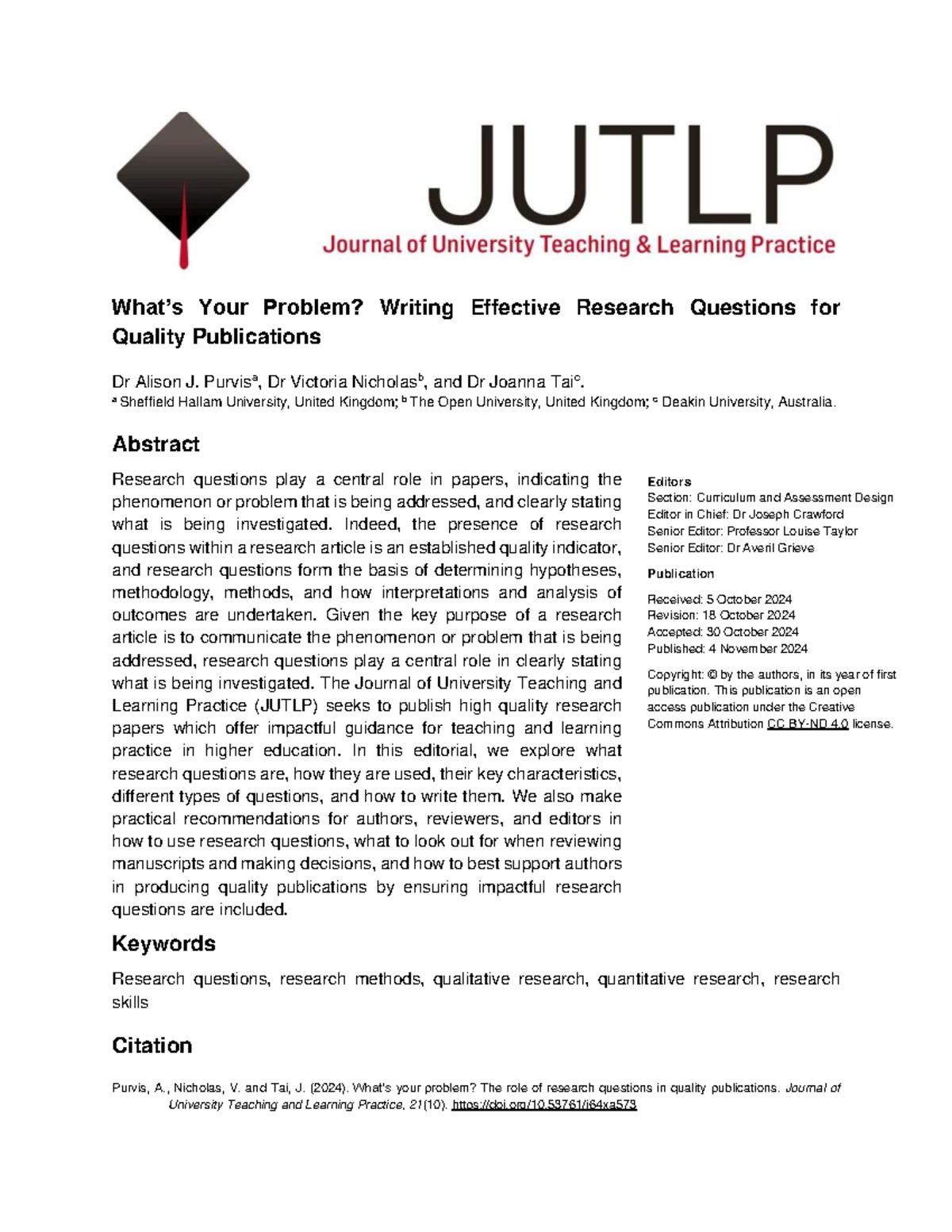 Effective Research Questions for Quality Publications: A Guide (JUTLP ...