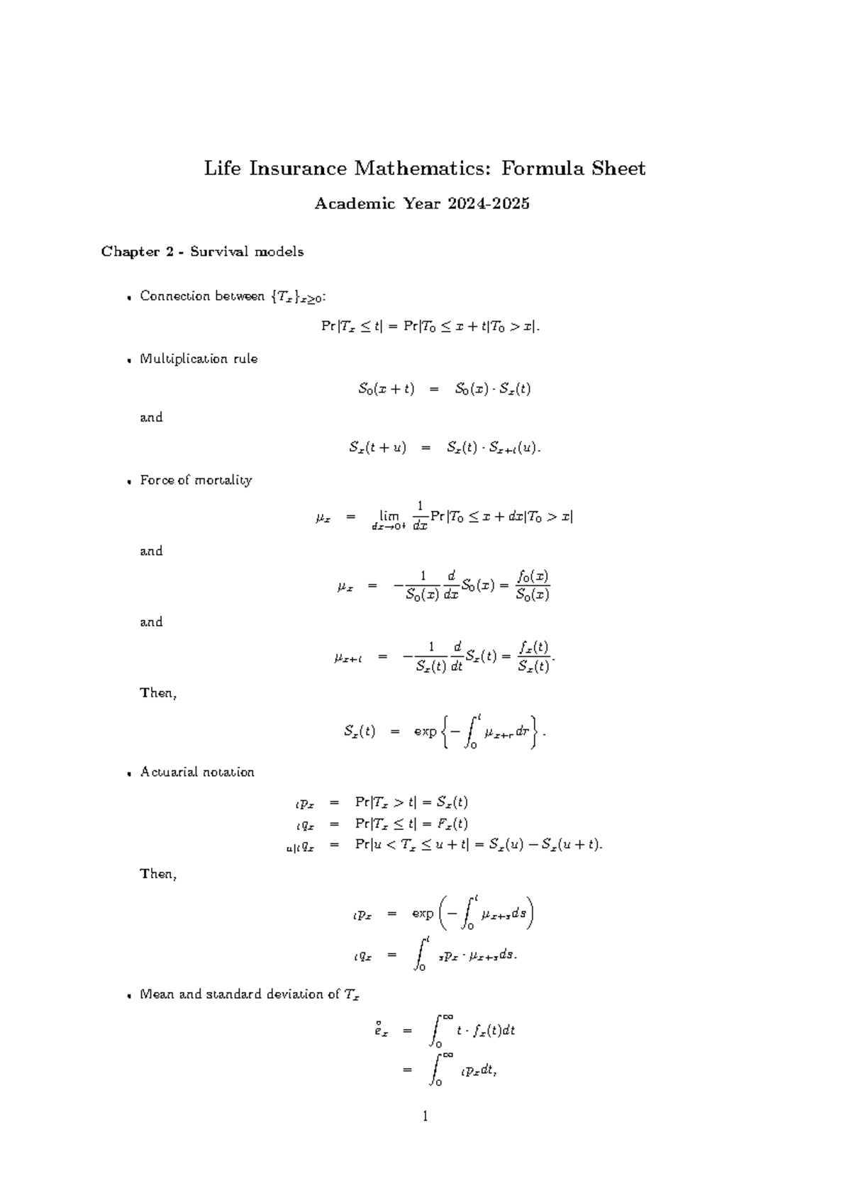 Life Insurance Mathematics (MATH 101): Chapter 2-7 Formula Sheet ...