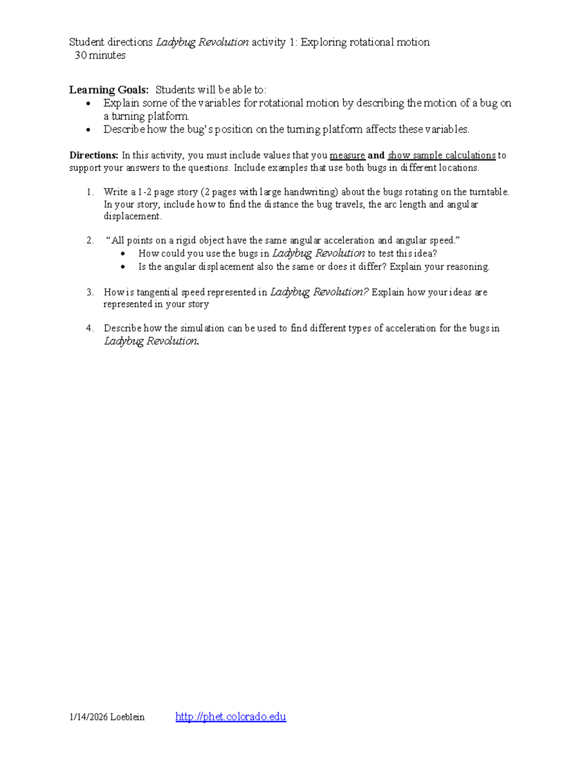 PHET-Torque: Ladybug Revolution Activity on Rotational Motion - Studocu