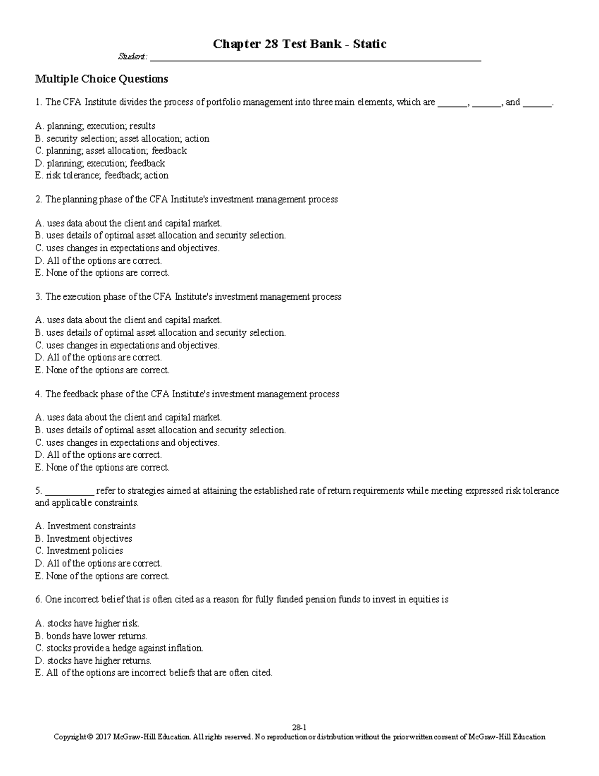 Chapter 28 Test Bank - Fin 521: Portfolio Management MCQs - Studocu