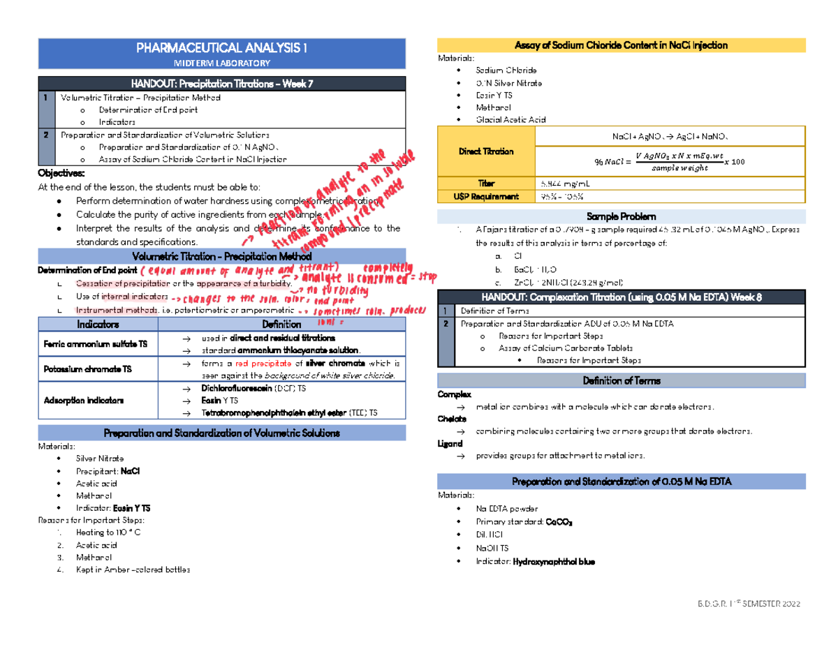 PHAN 1 MIDTERM LAB HANDOUT: Precipitation Titrations & Methods - Studocu