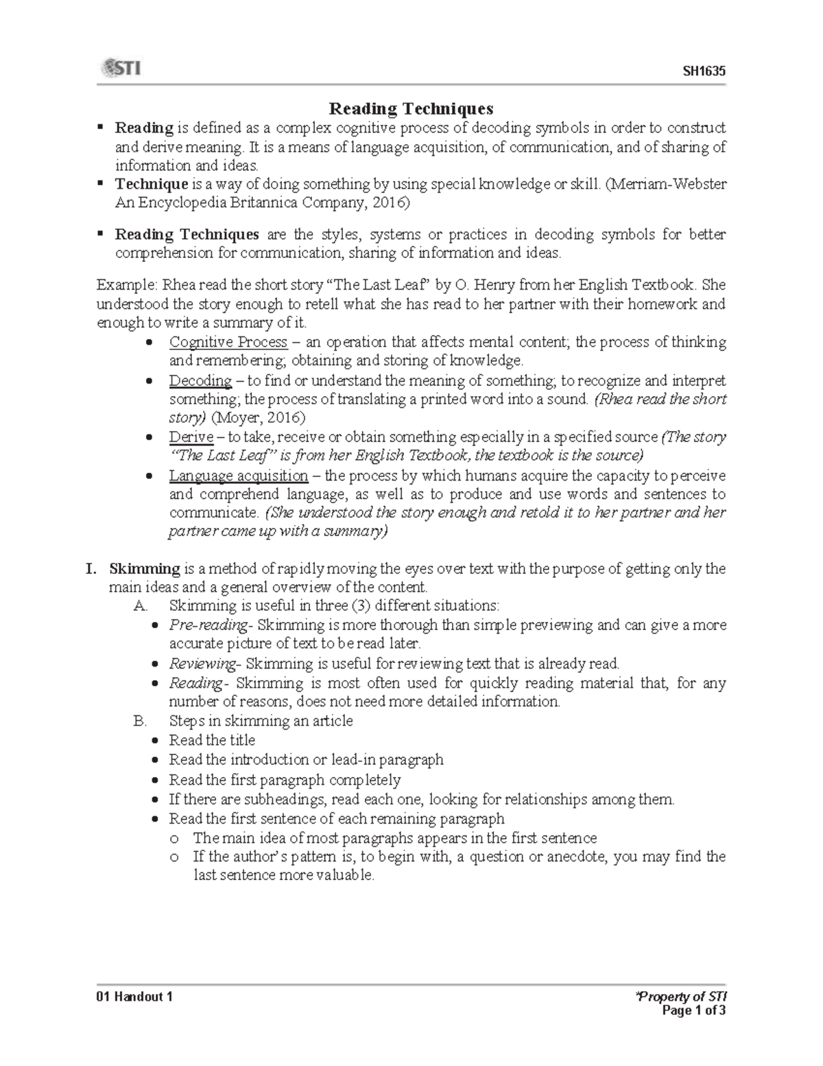 SH1635 - Reading and Writing Skills 01 Handout 1 - SH 01 Handout 1 ...