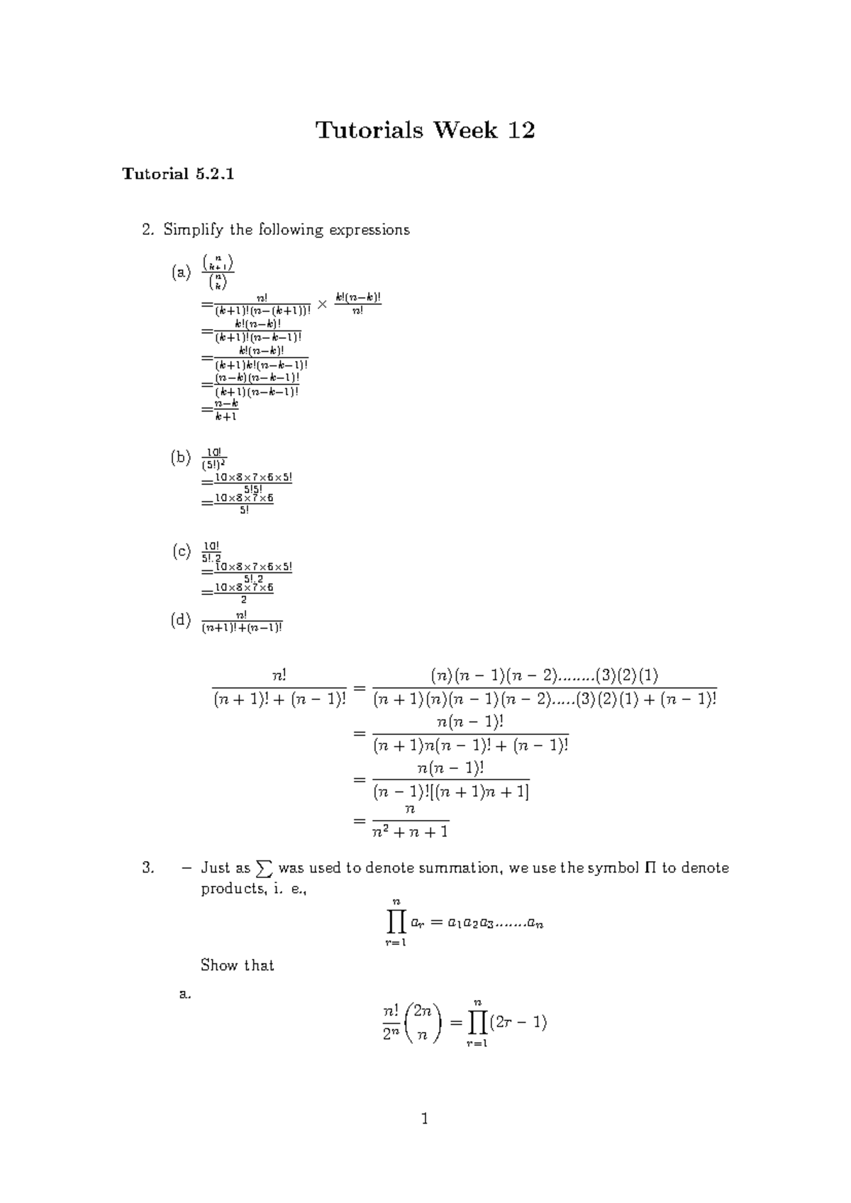 MATH1034 A Tut 5.2.1 to 5 - Tutorials Week 12 Tutorial 5. Simplify the following expressions (a ...