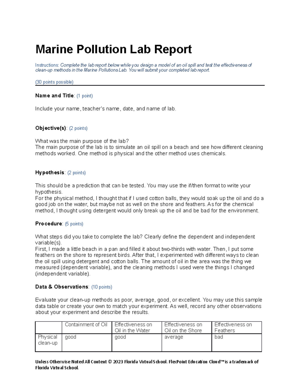 Marine Pollution Lab Report: Testing Oil Spill Clean-Up Methods - Studocu