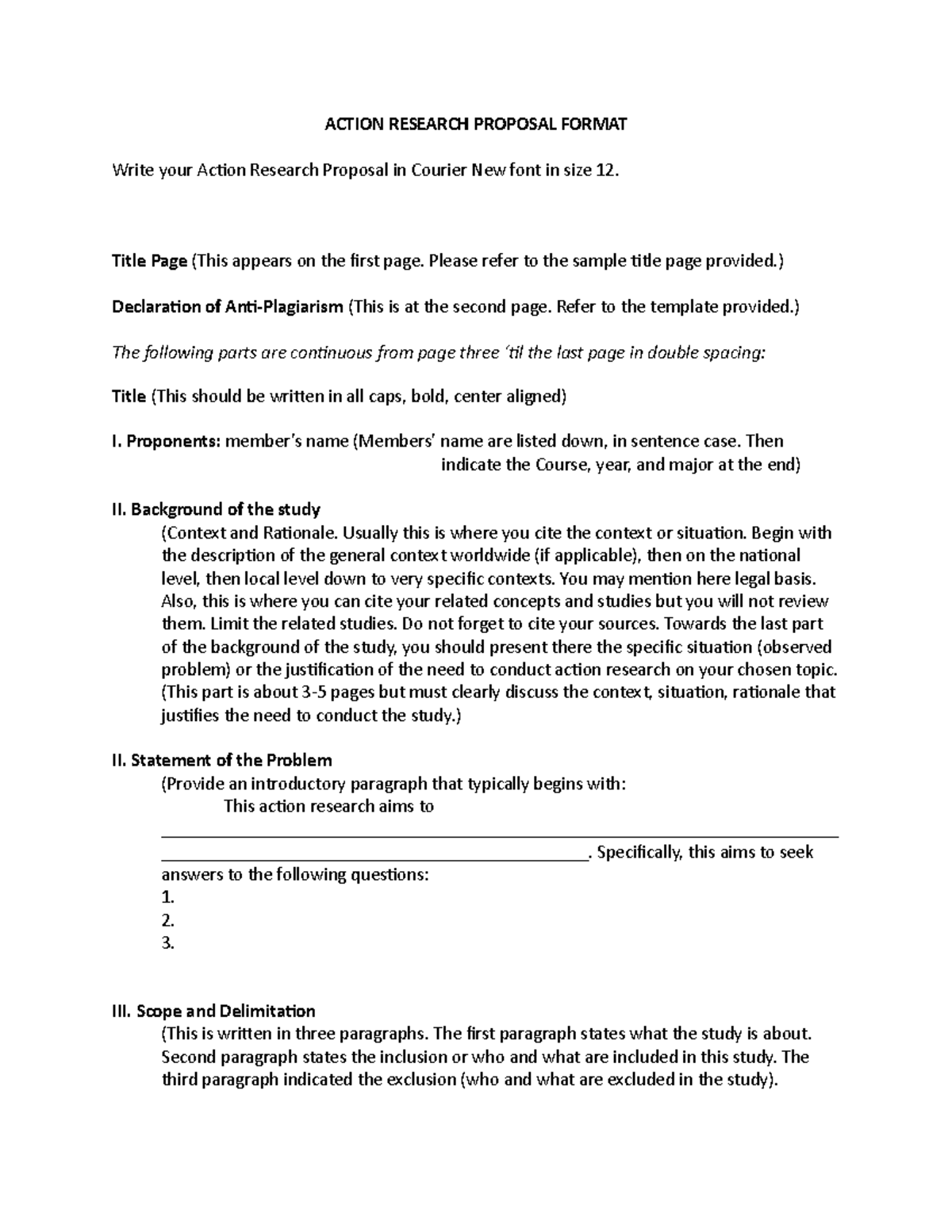 Action Research Format 2 - ACTION RESEARCH PROPOSAL FORMAT Write your ...
