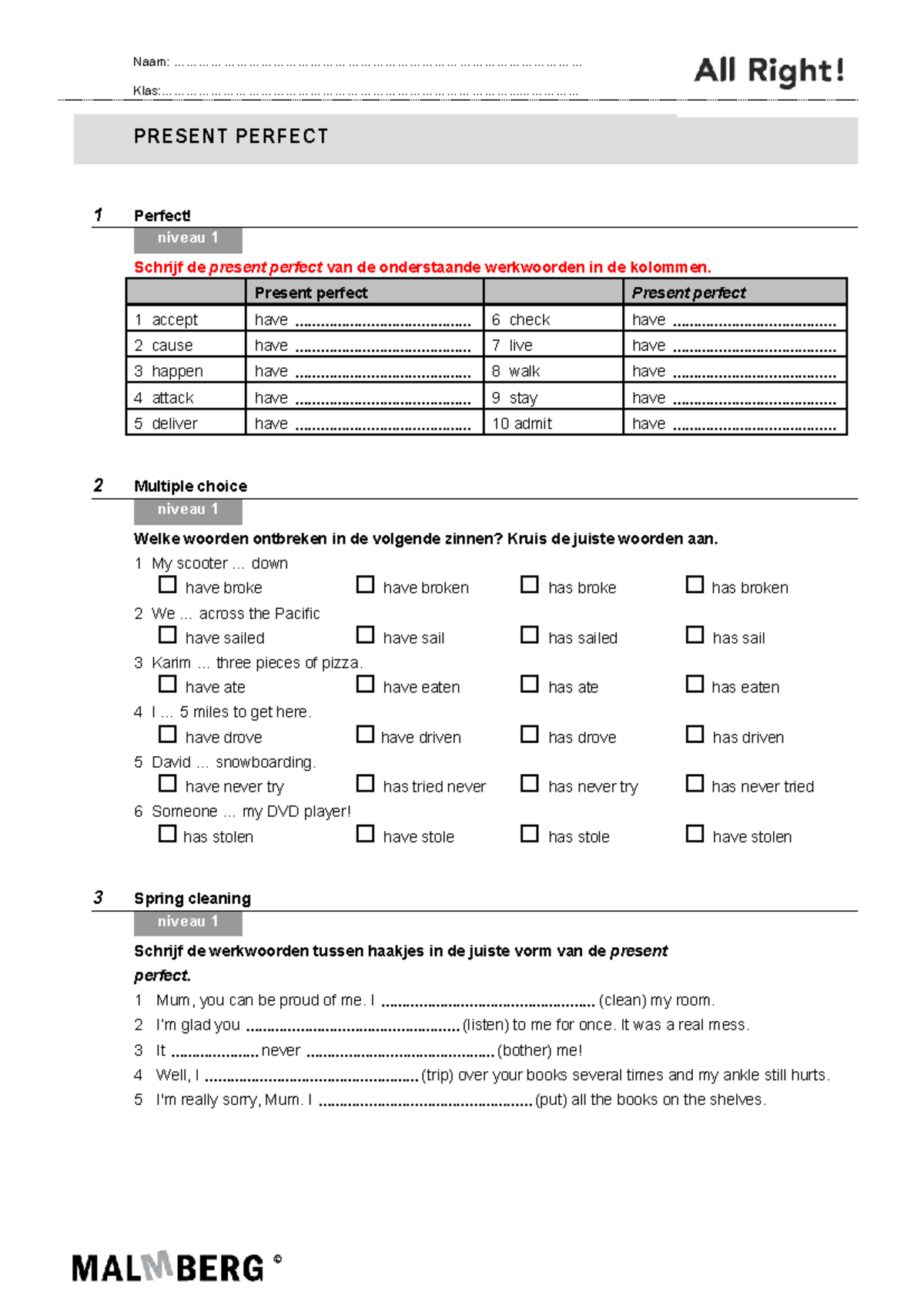 WS Present Perfect - Grammar Exercises (Niveau 1-3) - Studeersnel