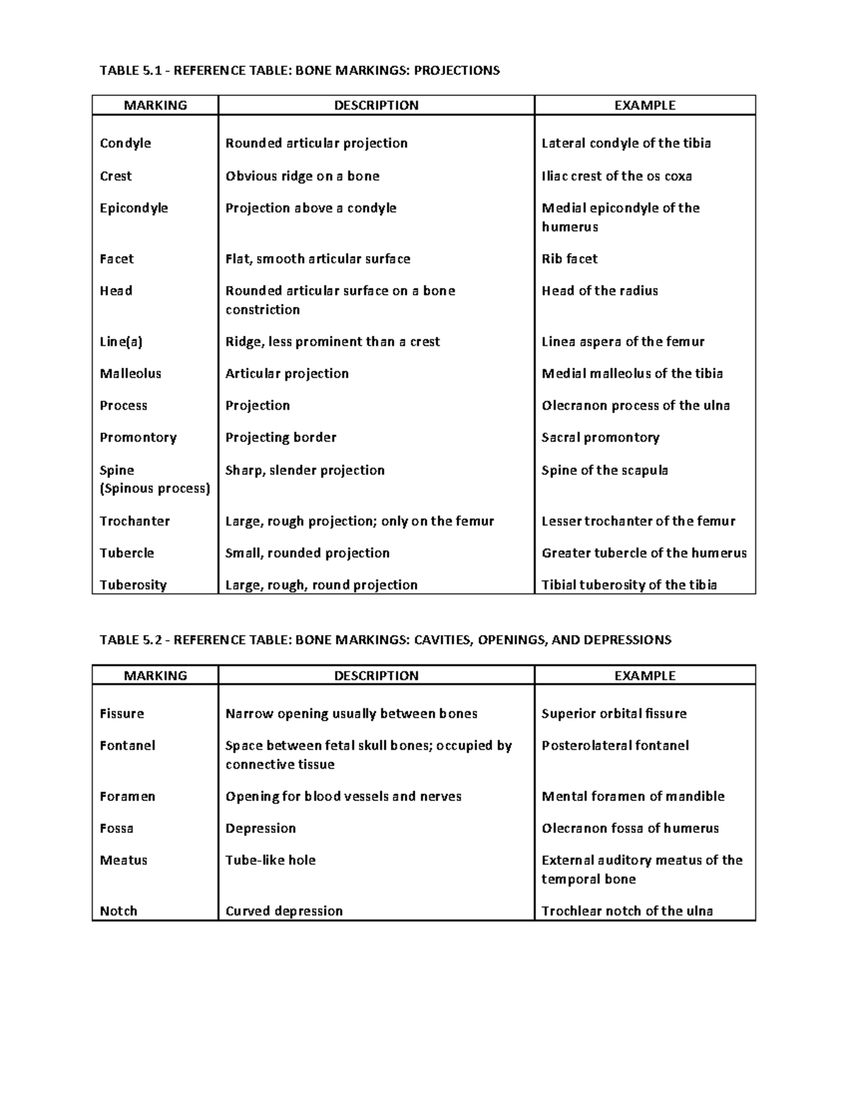 BONE Markings Reference Tables for Anatomy (Course Code: BONE 101 ...